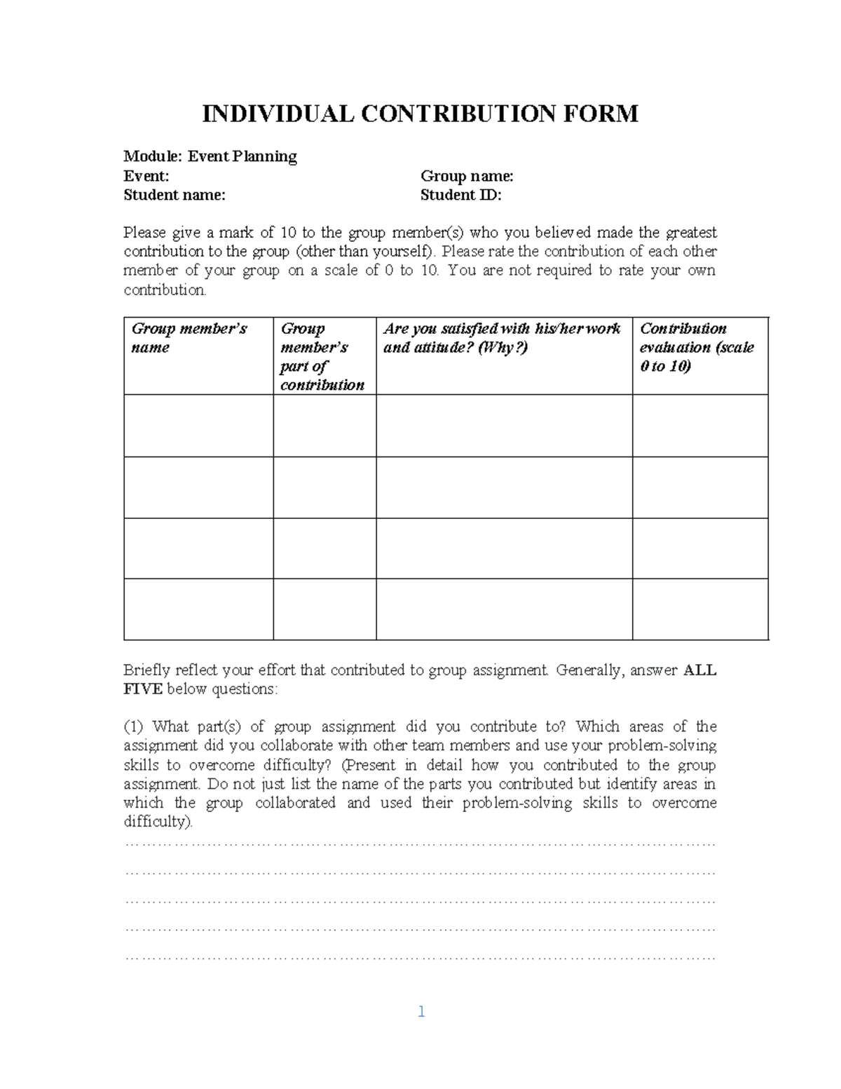Event Planning individual assessment - INDIVIDUAL CONTRIBUTION FORM ...