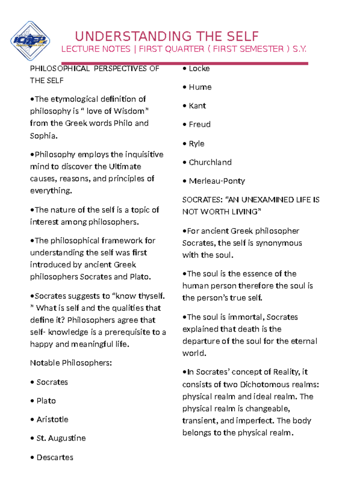 UTS- Lesson 2 - LECTURE NOTES | FIRST QUARTER ( FIRST SEMESTER ) S ...