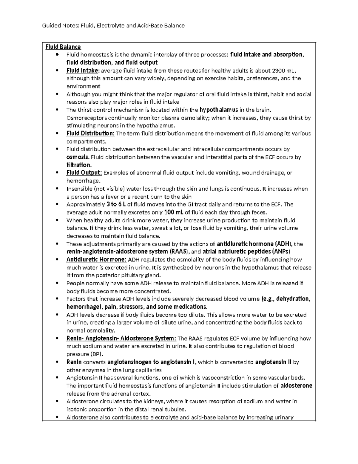 Guided Notes Fluid & Electrolyte Balance - Fluid Balance Fluid ...