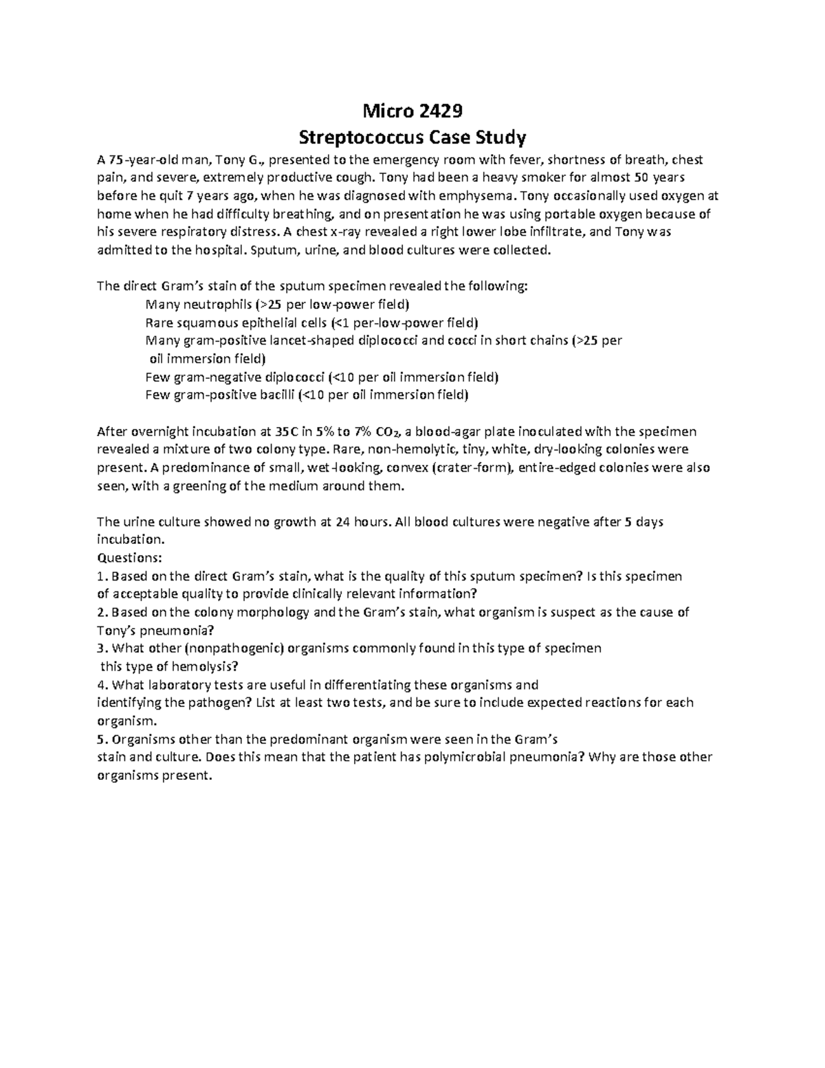 Micro 2429 Strep Case Study - Micro 2429 Streptococcus Case Study A 75 ...