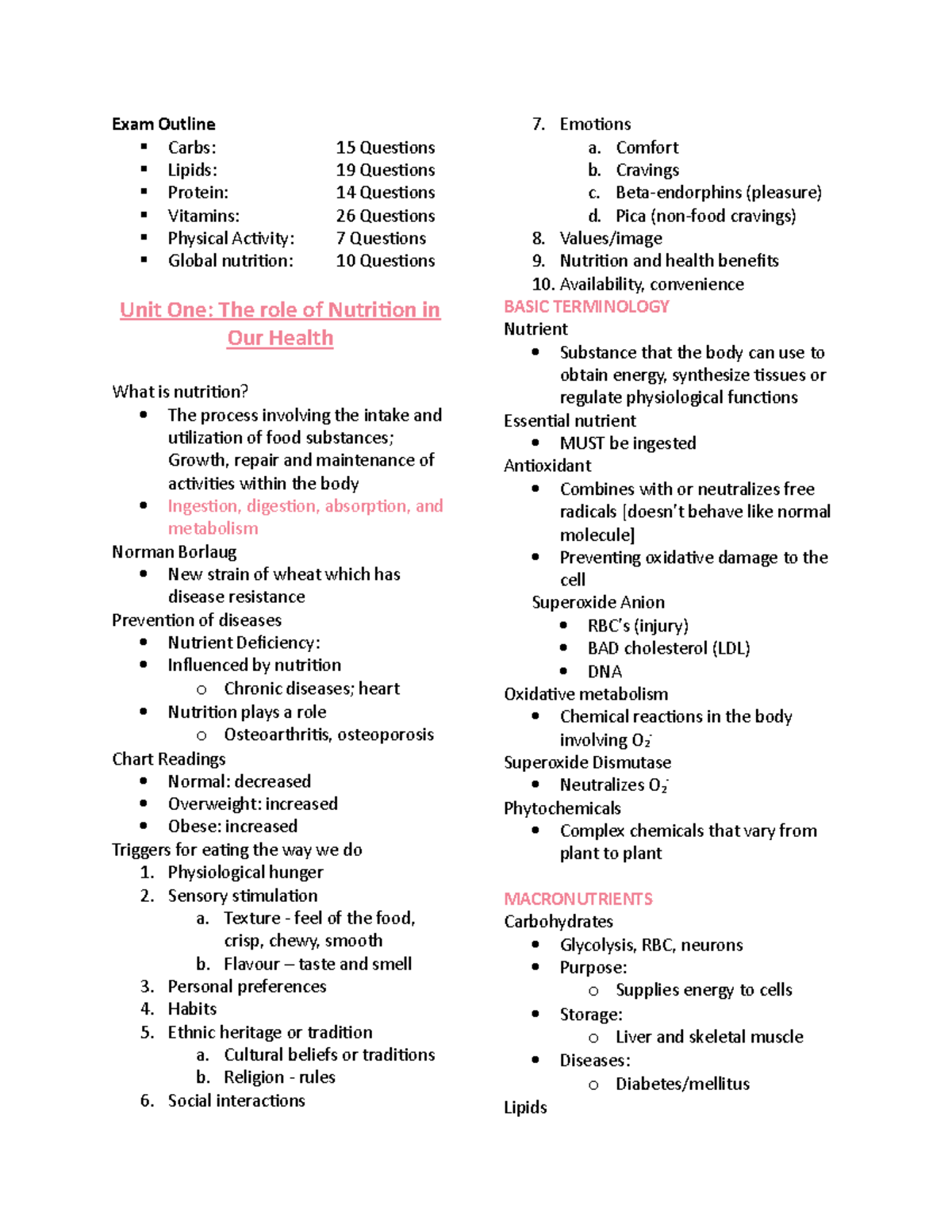 Nutrition Notes - Exam Outline Carbs: 15 Questions Lipids: 19 Questions ...