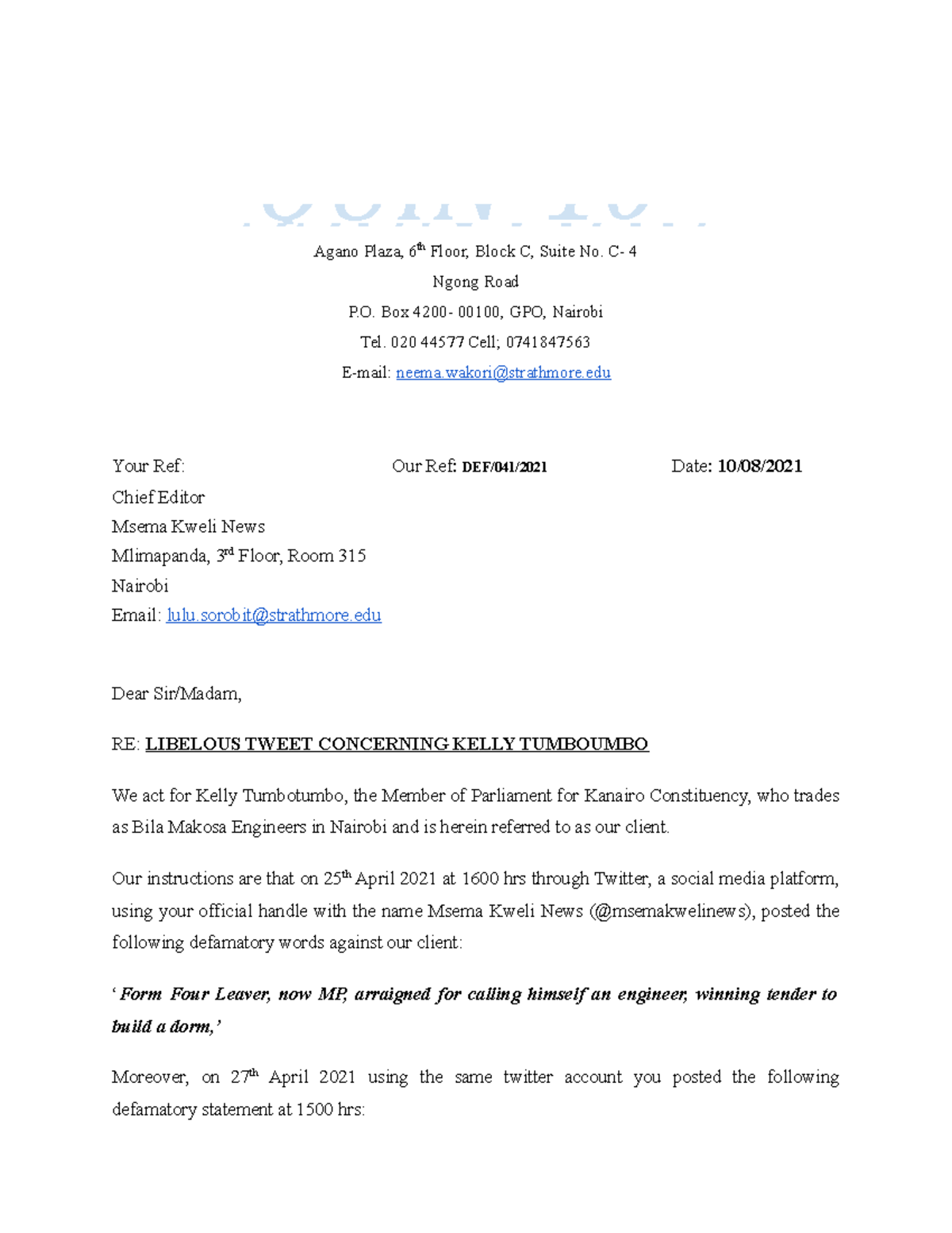 Demand Letter - Agano Plaza, 6th Floor, Block C, Suite No. C- 4 Ngong ...