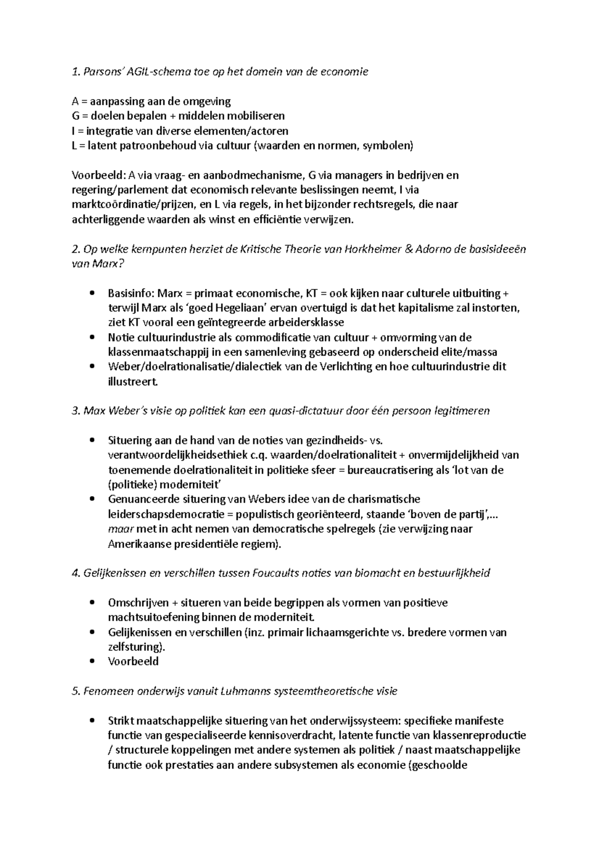 Voorbeeldexamen 5 - Parsons’ AGIL-schema toe op het domein van de ...