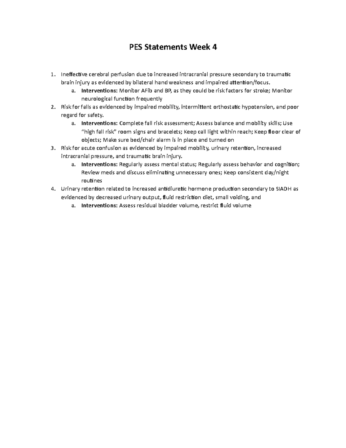 Four Example PES Statements - ineffective cerebral perfusion, urinary ...