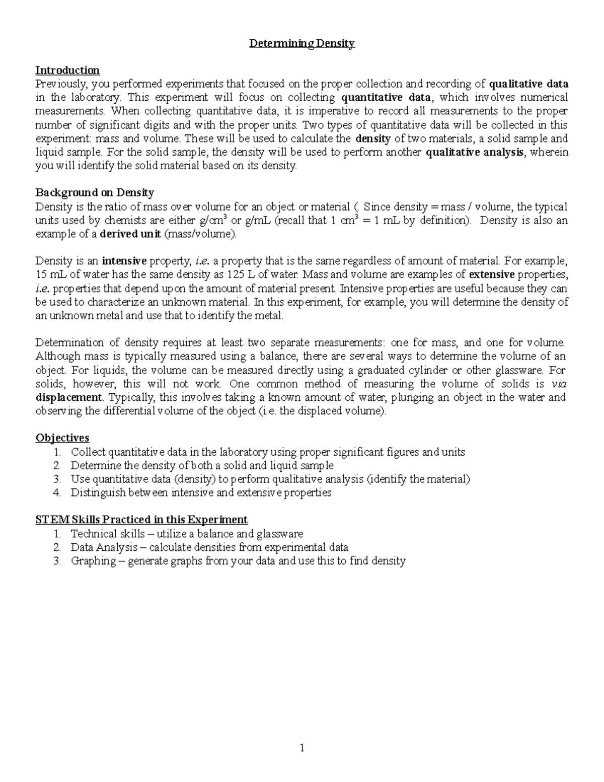Determining Density Lab Handout - Determining Density Introduction Previously, you performed ...