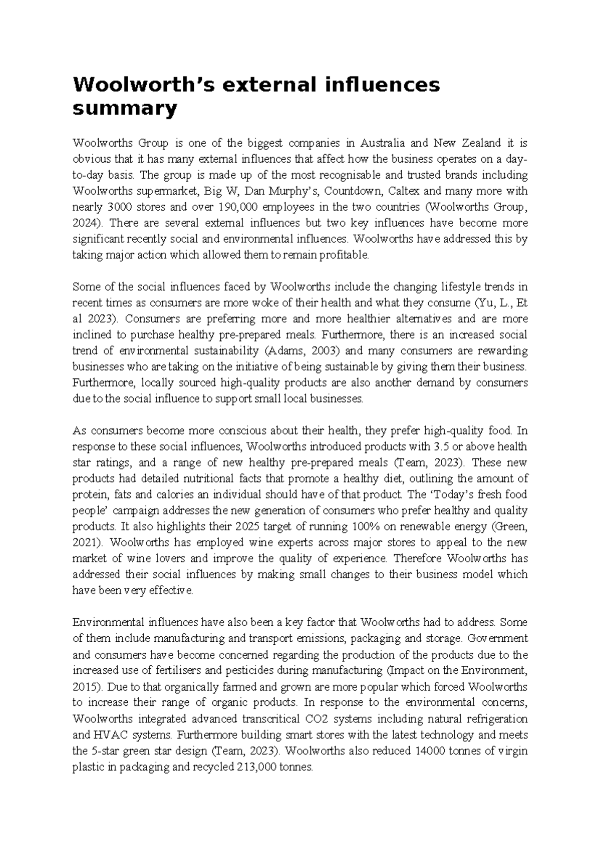 Woolworths 500 word summary - Woolworth’s external influences summary ...