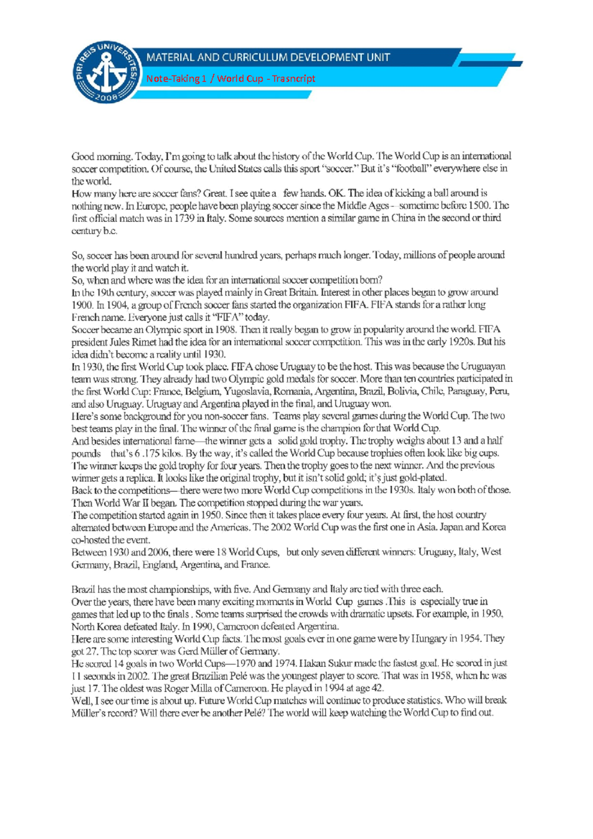 Note-taking 1- World Cup- Transcript - English III - Note-Taking 1 ...