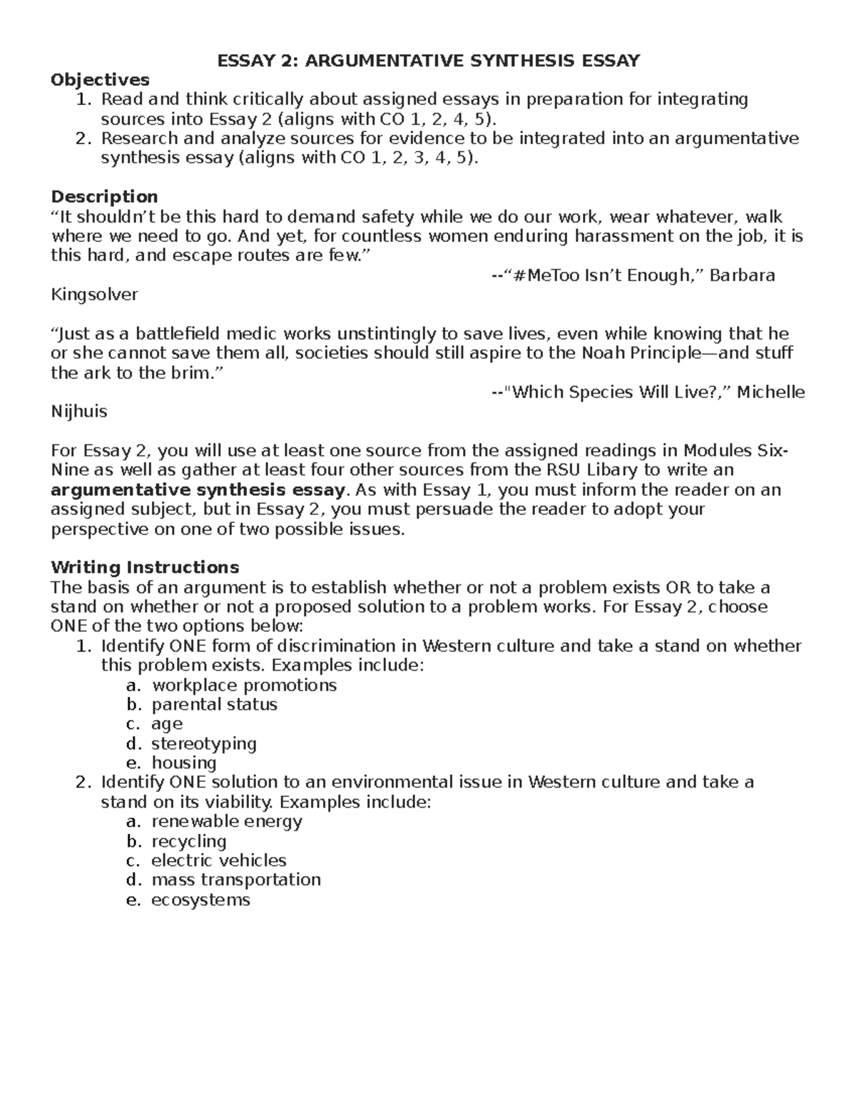 Essay 2 Instructions - ESSAY 2: ARGUMENTATIVE SYNTHESIS ESSAY ...