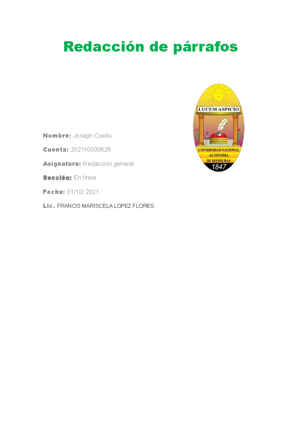 Coello Angel U1 T4 taller - Redacción de párrafos Nombre: Joseph Coello ...