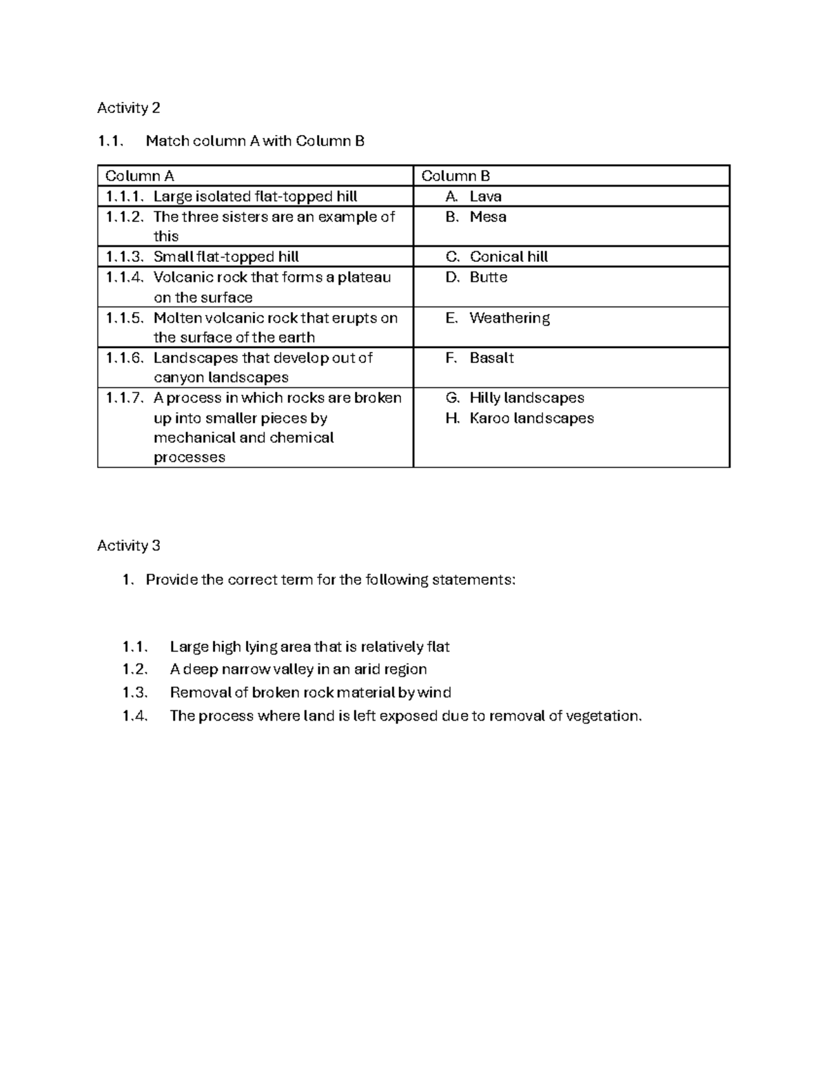 Horizontally layered rocks activities - Activity 2 Match column A with ...