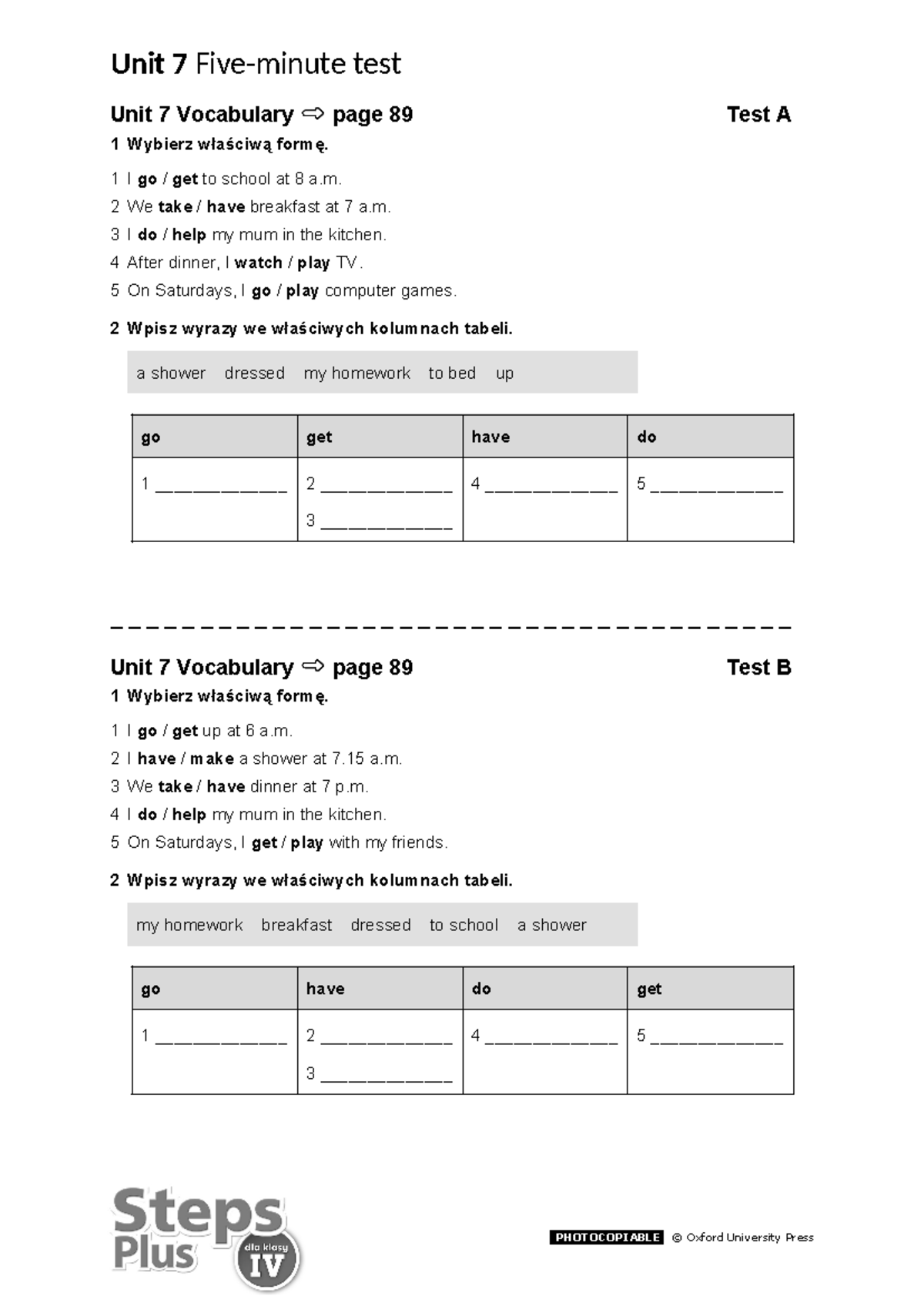 Steps Plus4 Five Minute Test Unit 7 - Unit 7 Five-minute test Unit 7 ...