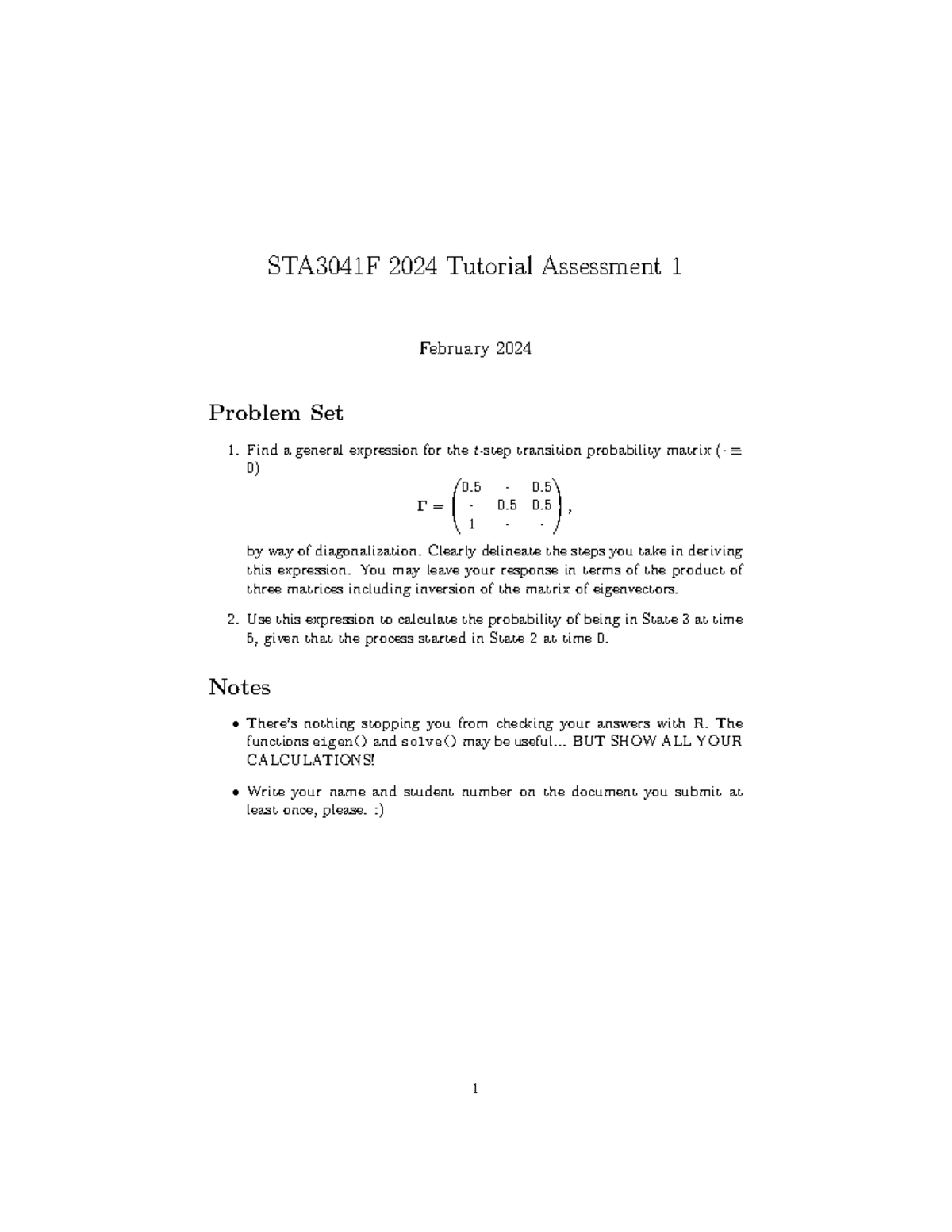 STA3041F 2024 Tutorial Assessment 1 Stochastic Processes - STA3041F 2024 Tutorial Assessment 1 ...