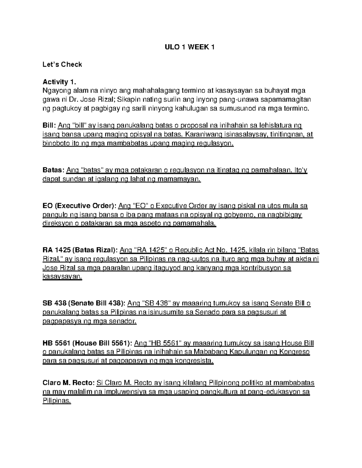 Activity 1 - ULO 1 WEEK 1 Let’s Check Activity 1. Ngayong alam na ninyo ...