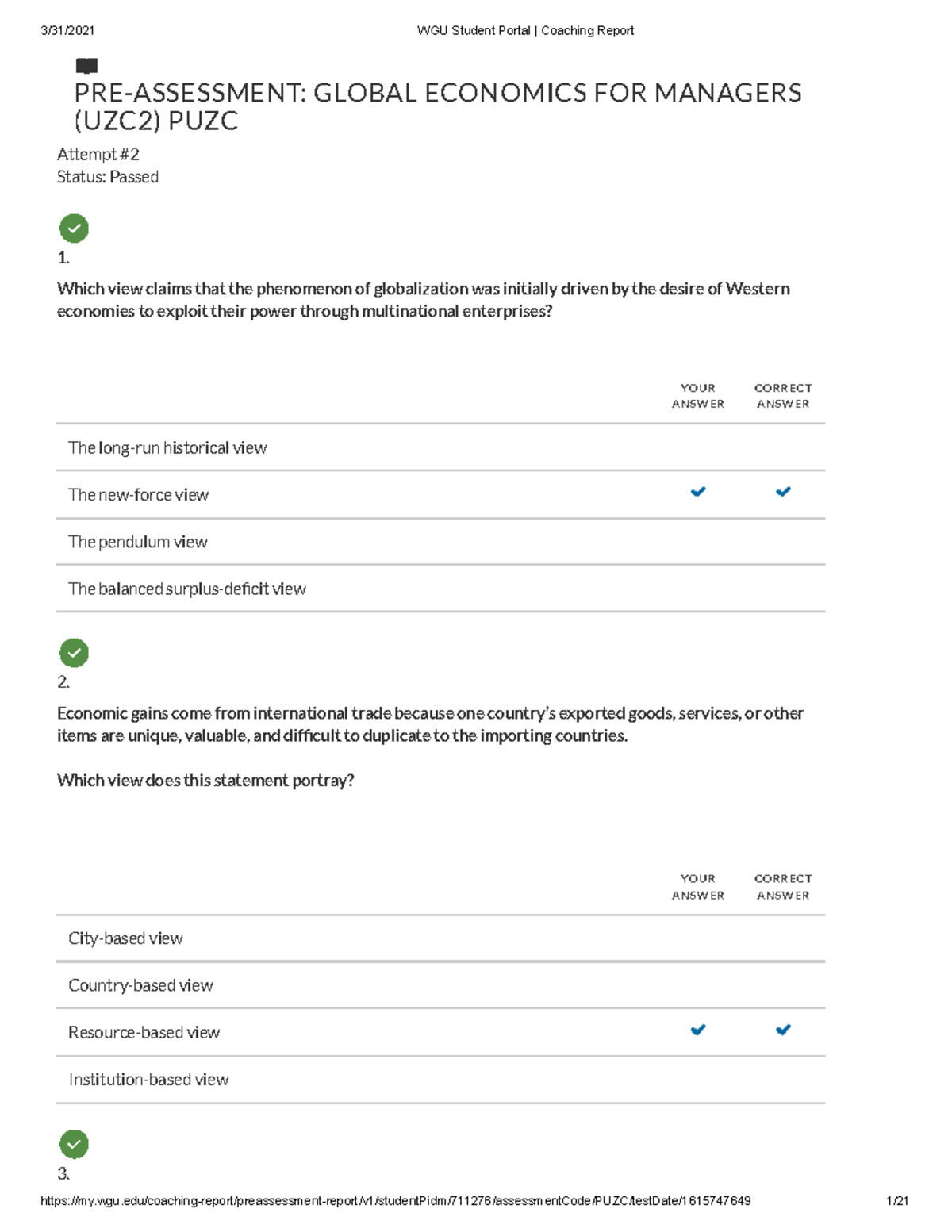 WGU C211 Pre assessment - PRE-ASSESSMENT: GLOBAL ECONOMICS FOR MANAGERS ...