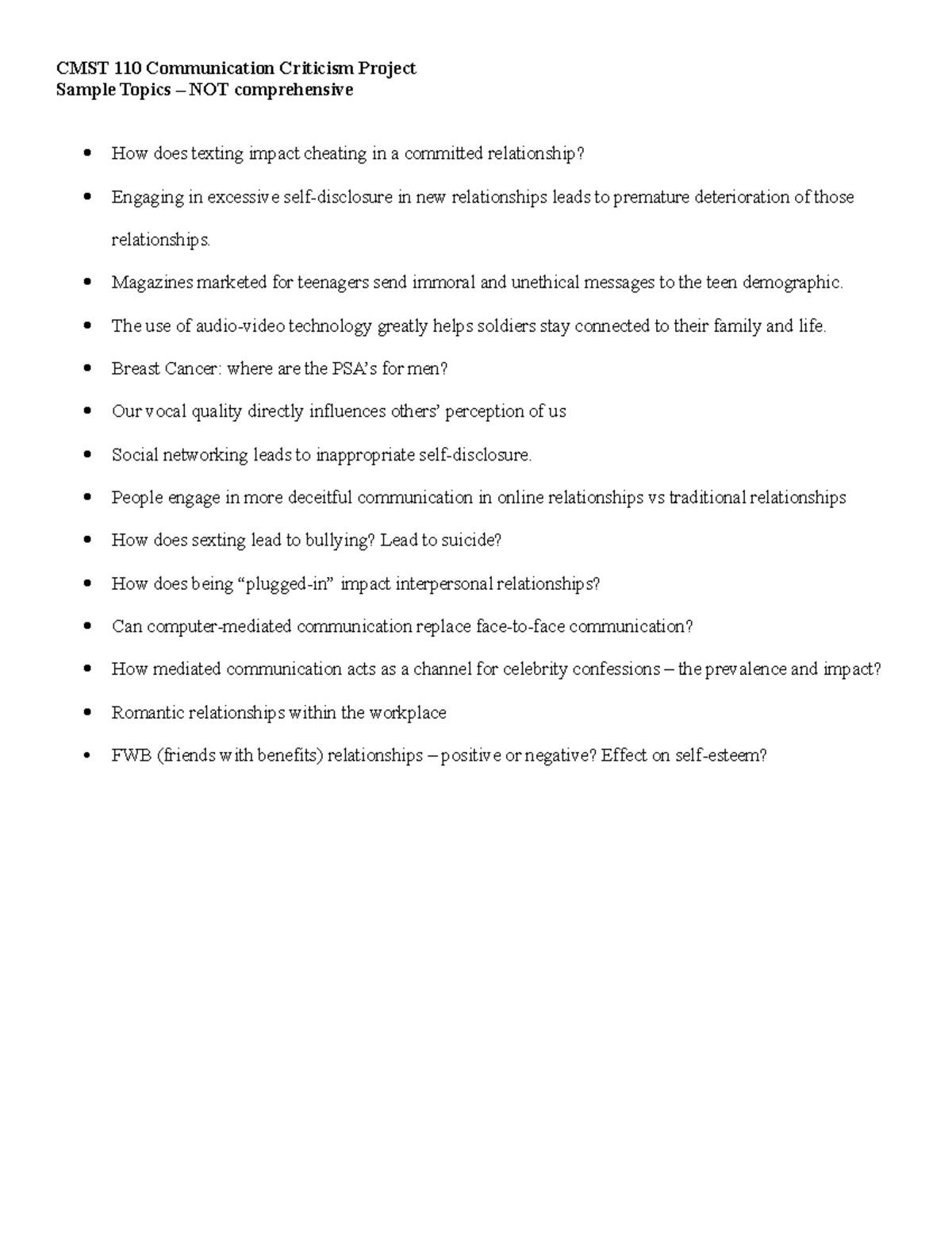 Scheu CCP Sample Topics - CMST 110 Communication Criticism Project ...