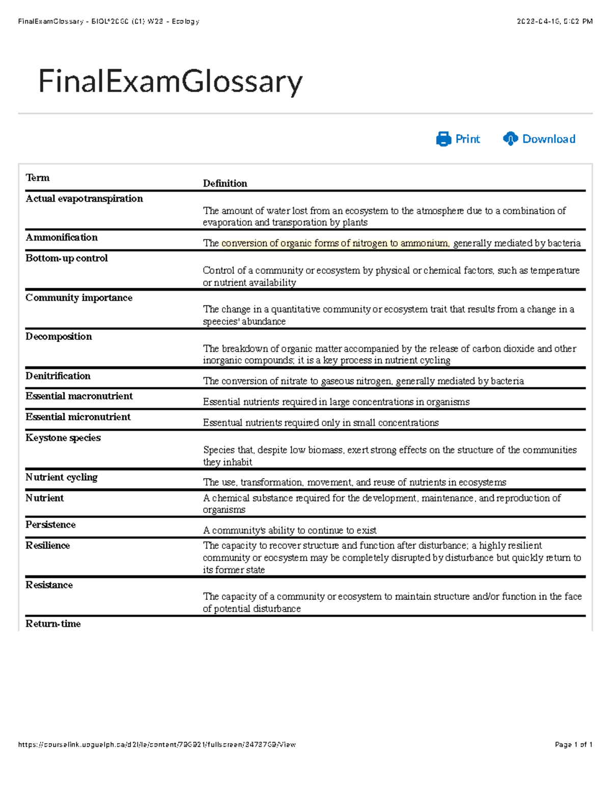 BIOL 2060 Final Exam Summary - FinalExamGlossary - BIOL*2060 (01) W23 ...