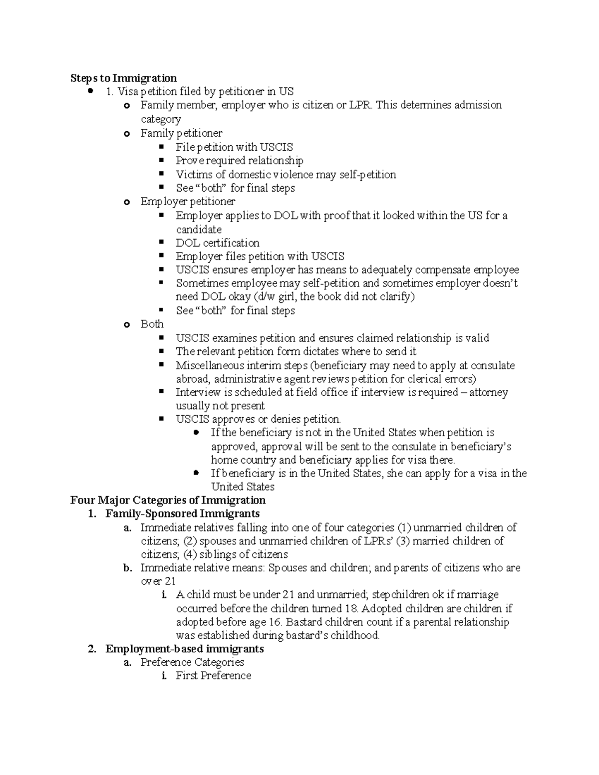 Outline - Immigration Law - Steps to Immigration 1. Visa petition filed ...
