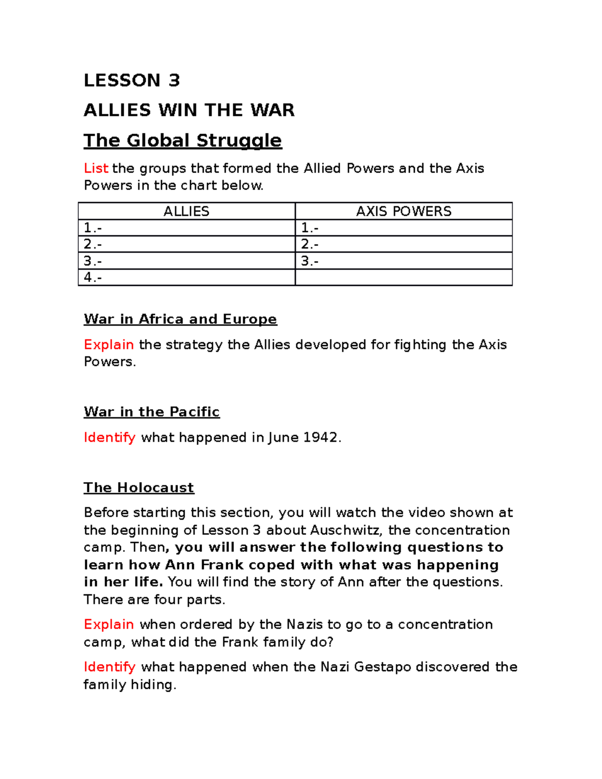 Chapter 25 Lesson 3 Activity - LESSON 3 ALLIES WIN THE WAR The Global ...