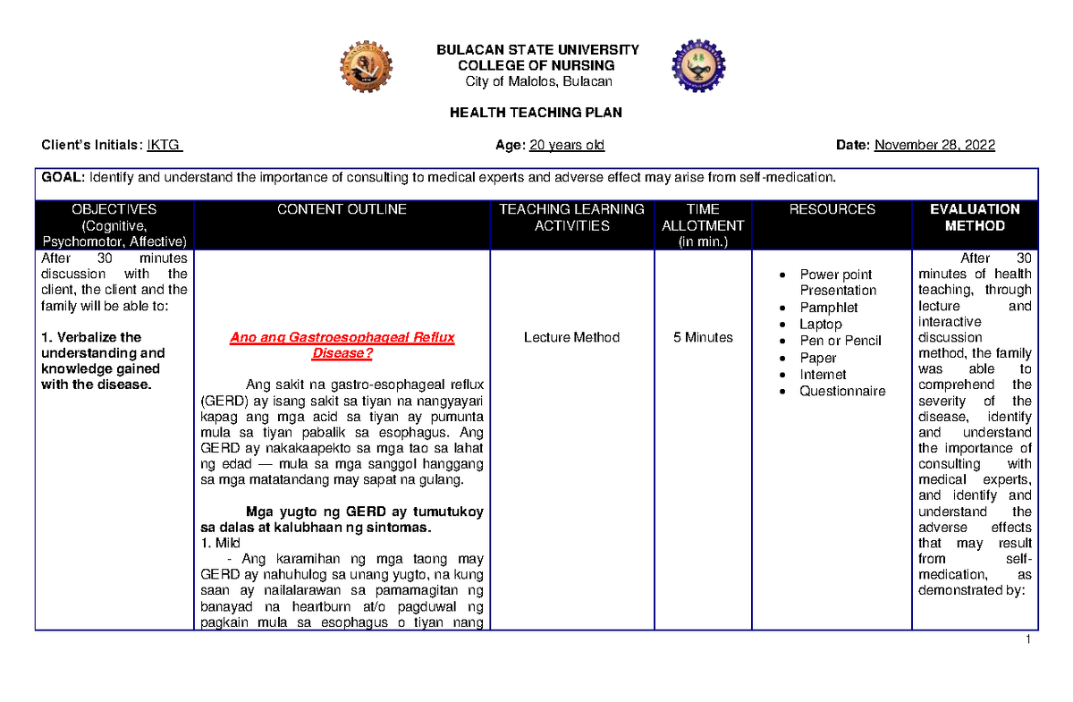 BSN2B Godoy IANA- Khrys Health-Teaching-Plan - BULACAN STATE UNIVERSITY ...