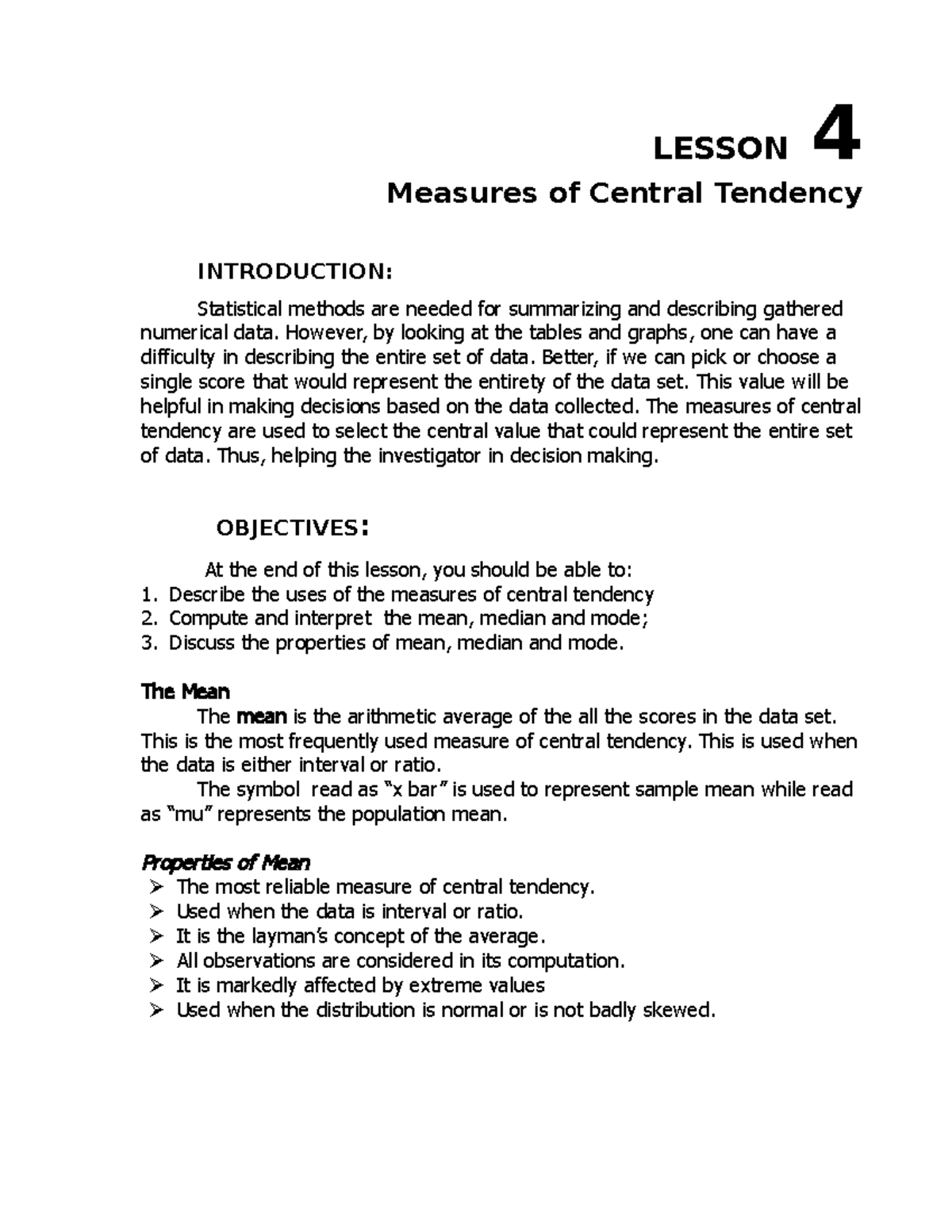 Lesson-4 Measures-of-Central-Tendency - INTRODUCTION: OBJECTIVES ...