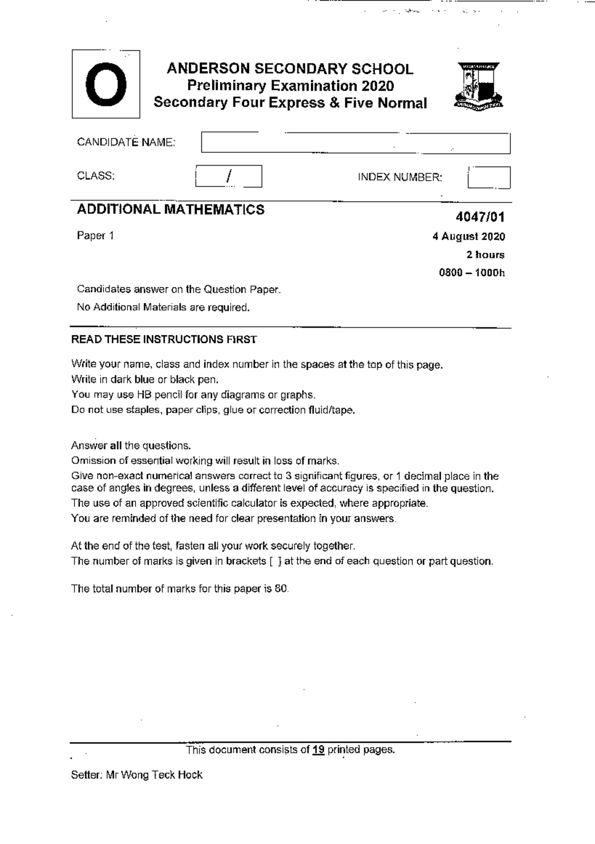 A-math sec 4 prelims 2020 anderson sec - MA1102R - Studocu