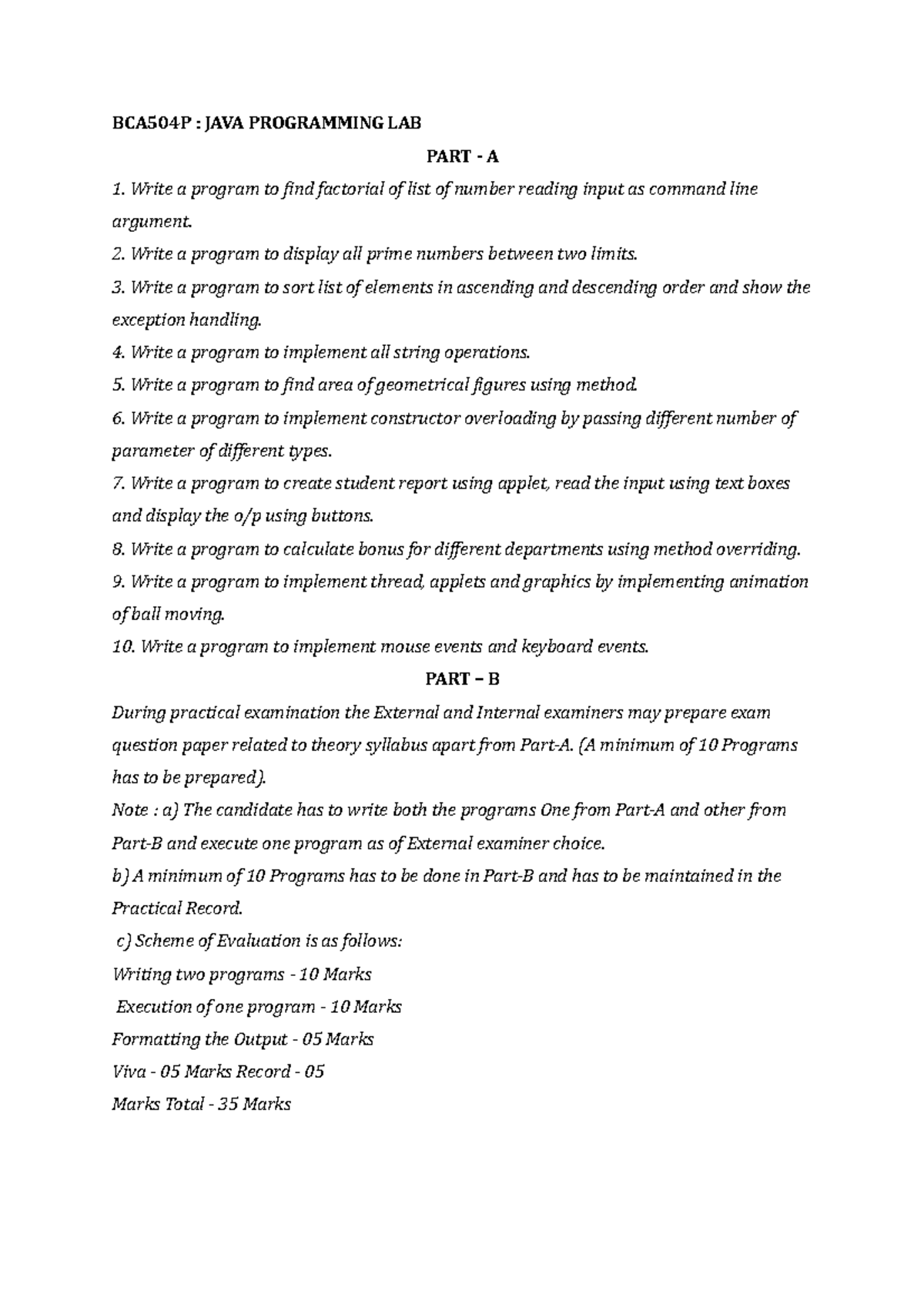BCA504P - data communication and networking - BCA504P : JAVA PROGRAMMING LAB PART - A Write a ...
