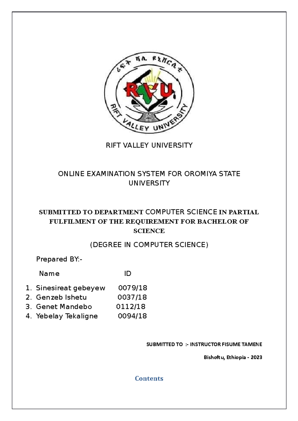 Proposal Online Examination Rift Valley University Online Examination System For Oromiya State