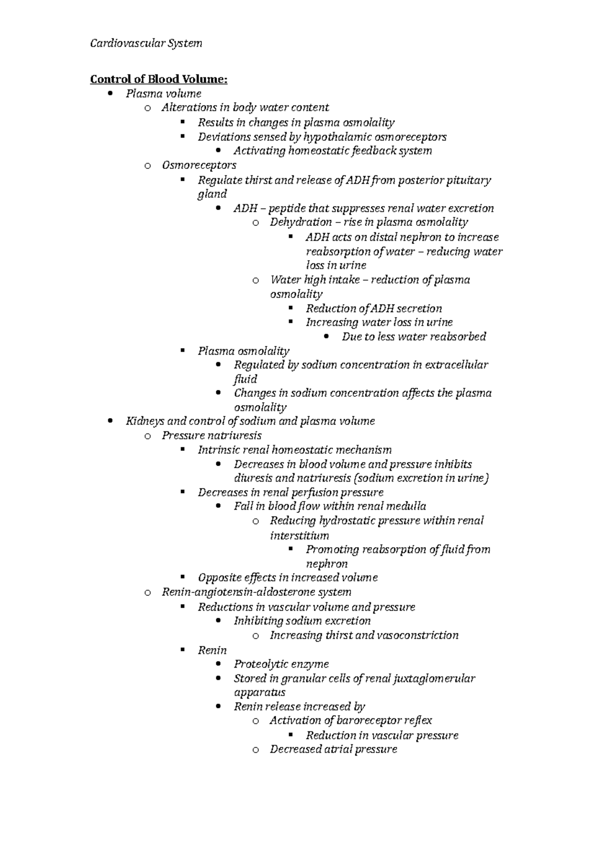 Control of Blood Volume Lecture Notes - Cardiovascular System Control ...