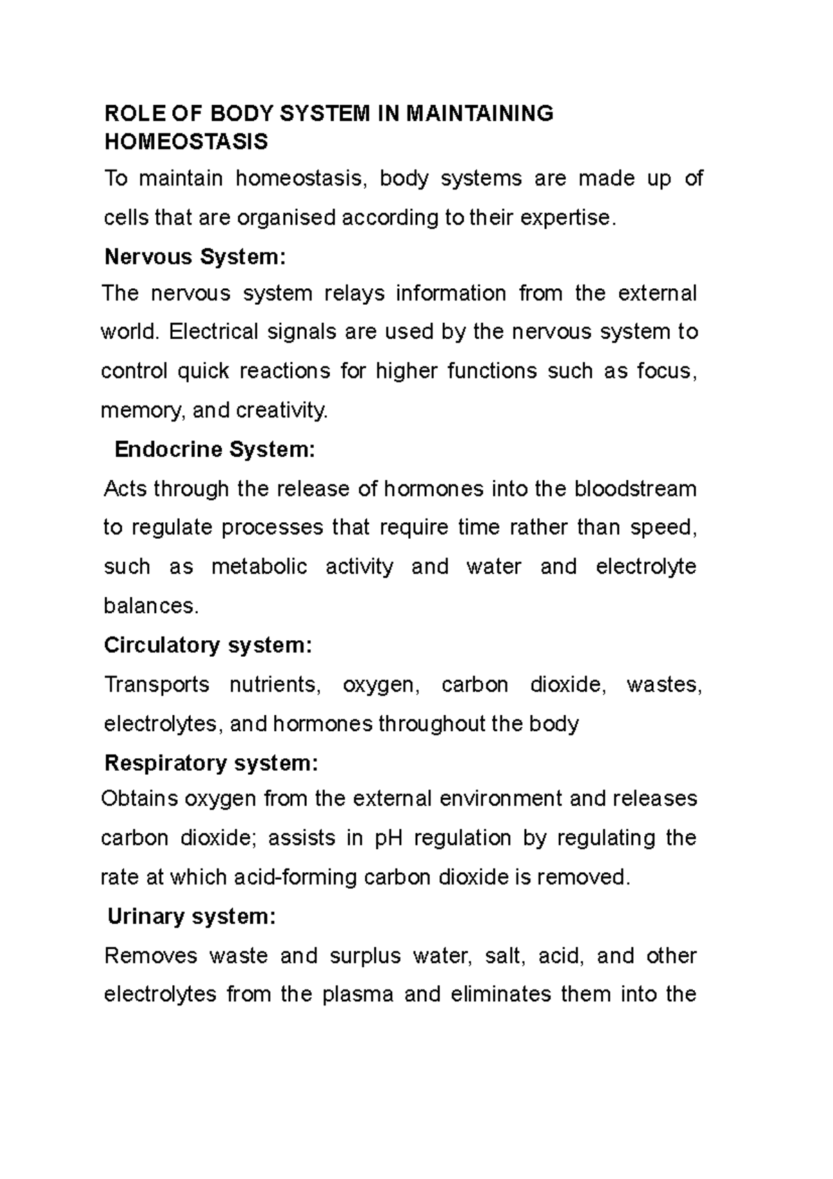 ROLE OF BODY System IN Maintaining Homeostasis - ROLE OF BODY SYSTEM IN ...