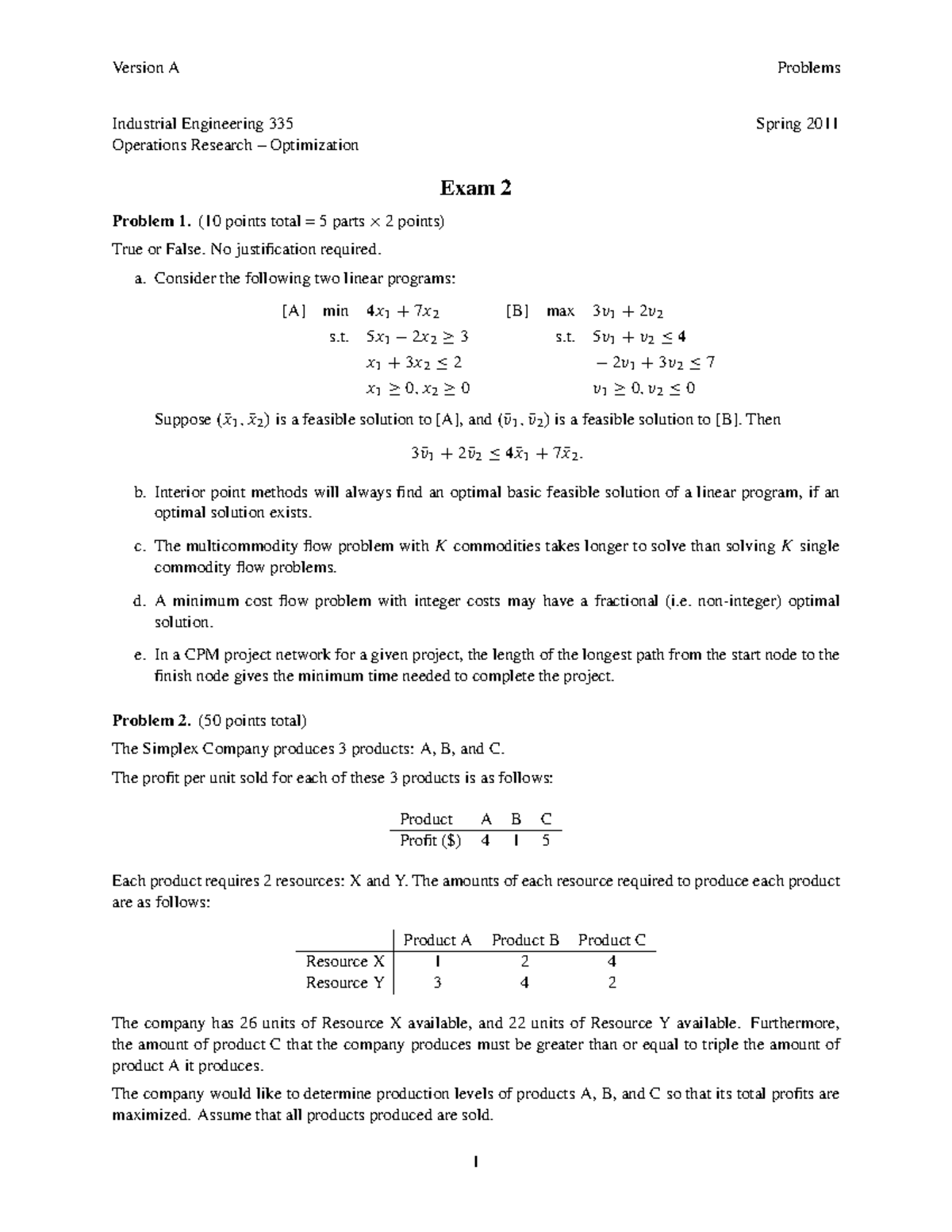 Exam2-a - Exam2-a - Version A Problems Industrial Engineering 335 ...