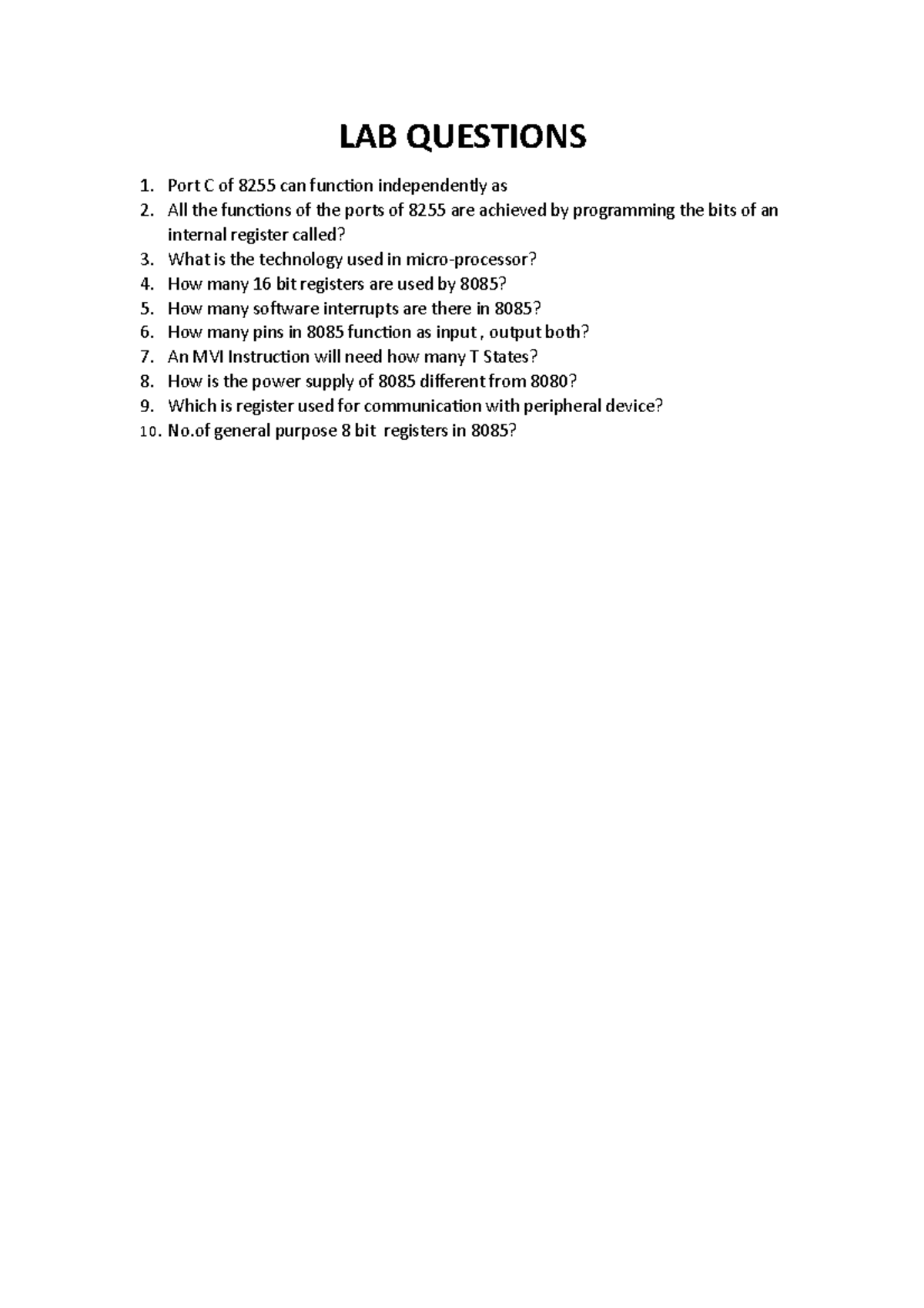 LAB Questions - LAB QUESTIONS Port C of 8255 can function independently ...