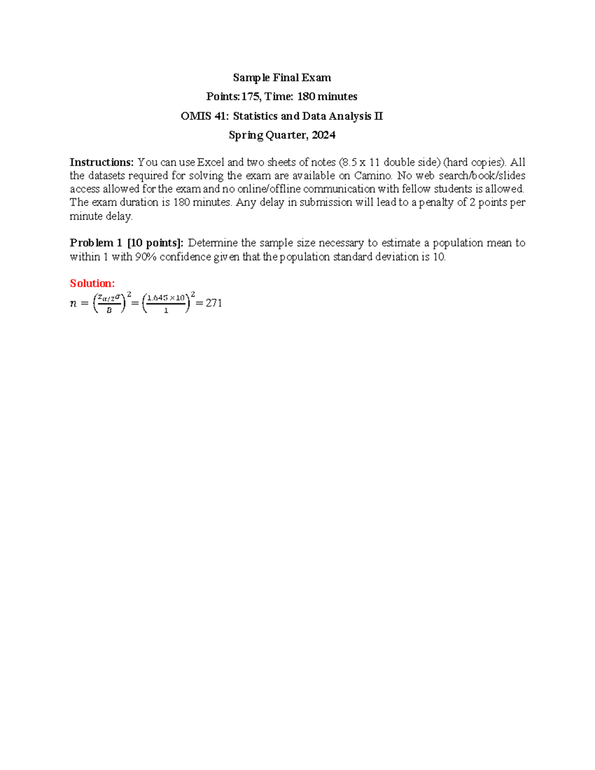 OMIS 41 Sample Final Exam With Solutions 2024 - Sample Final Exam ...