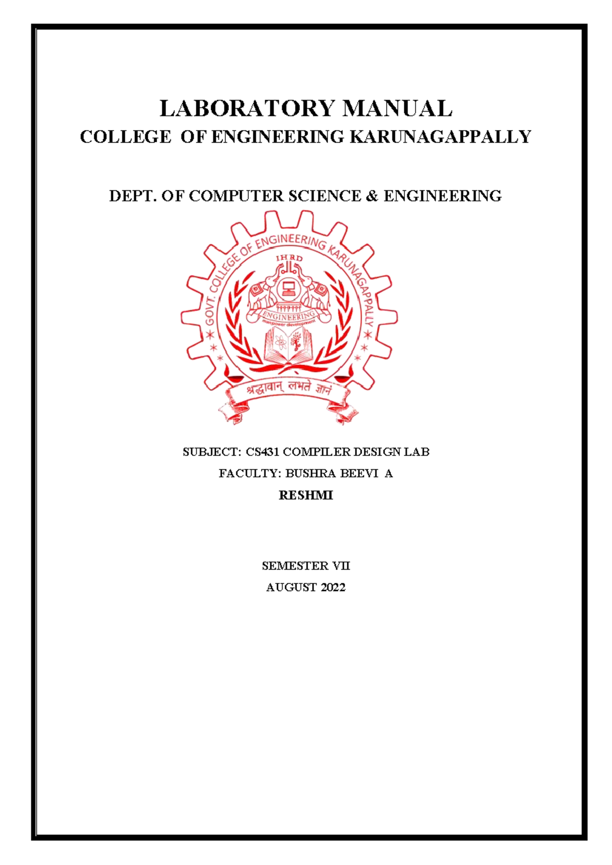 CS431 CD LAB Manual -KNPY-PDF - LABORATORY MANUAL COLLEGE OF ...