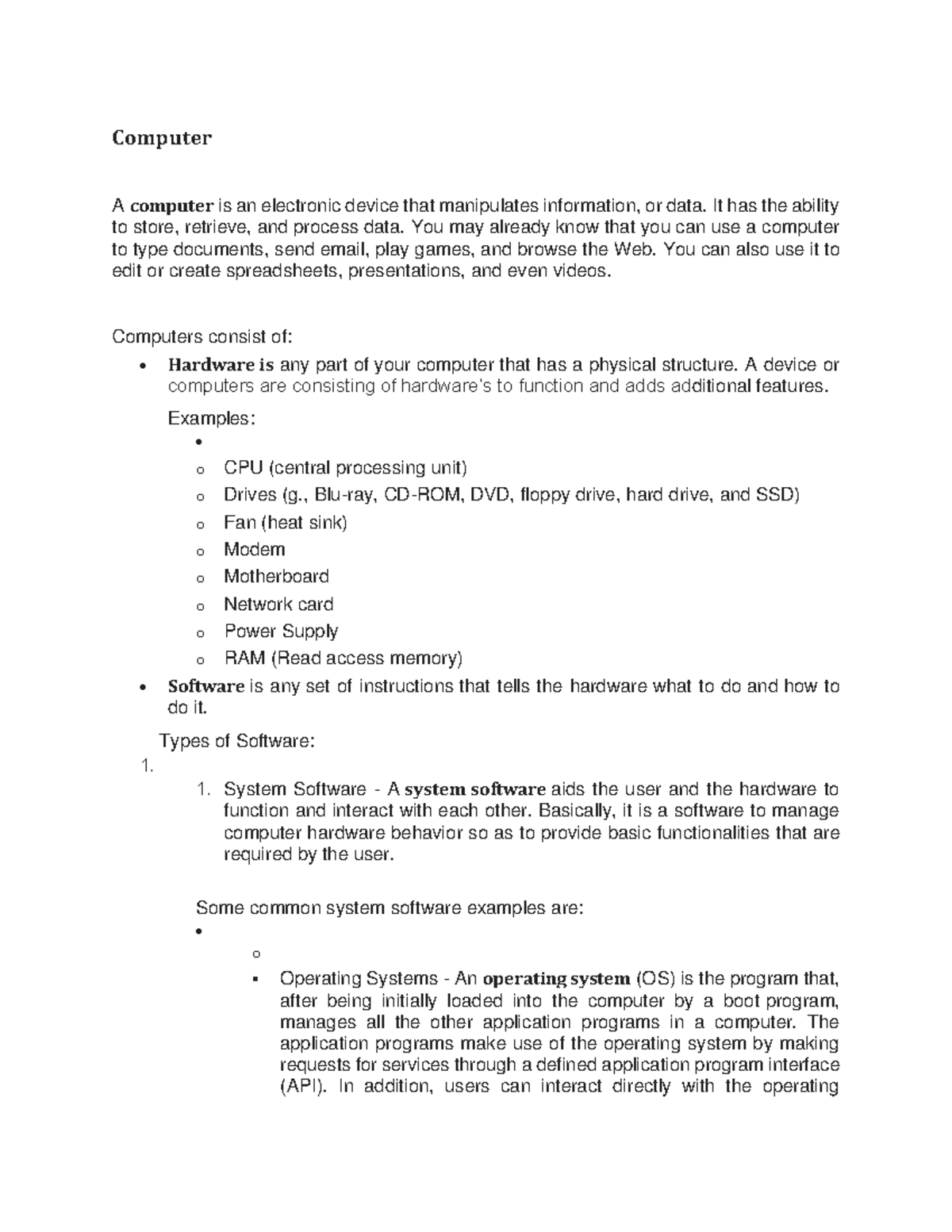 Hardware Softwares Computer A Computer Is An Electronic Device That Manipulates Information