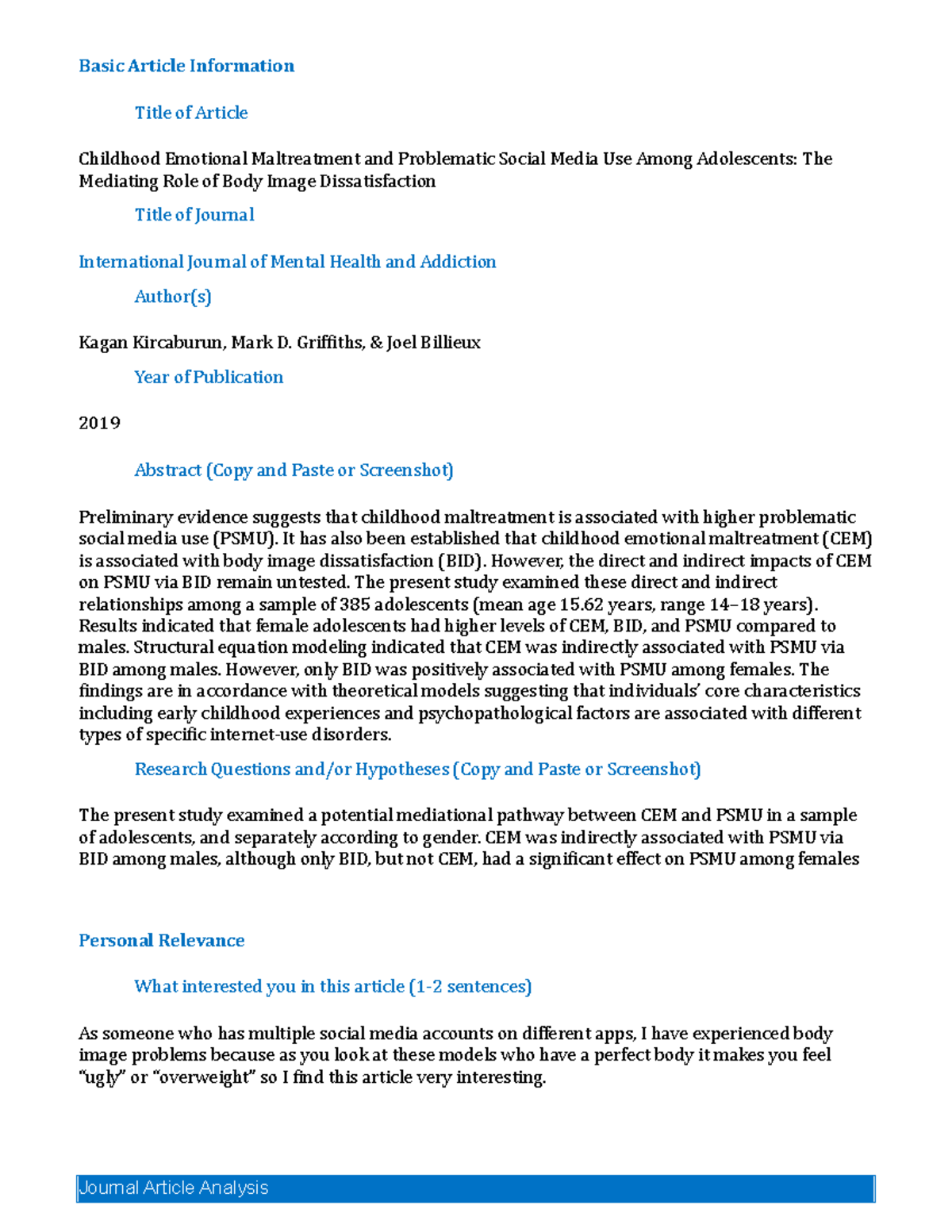 Basic article information - **Basic Article Information ** Title of ...