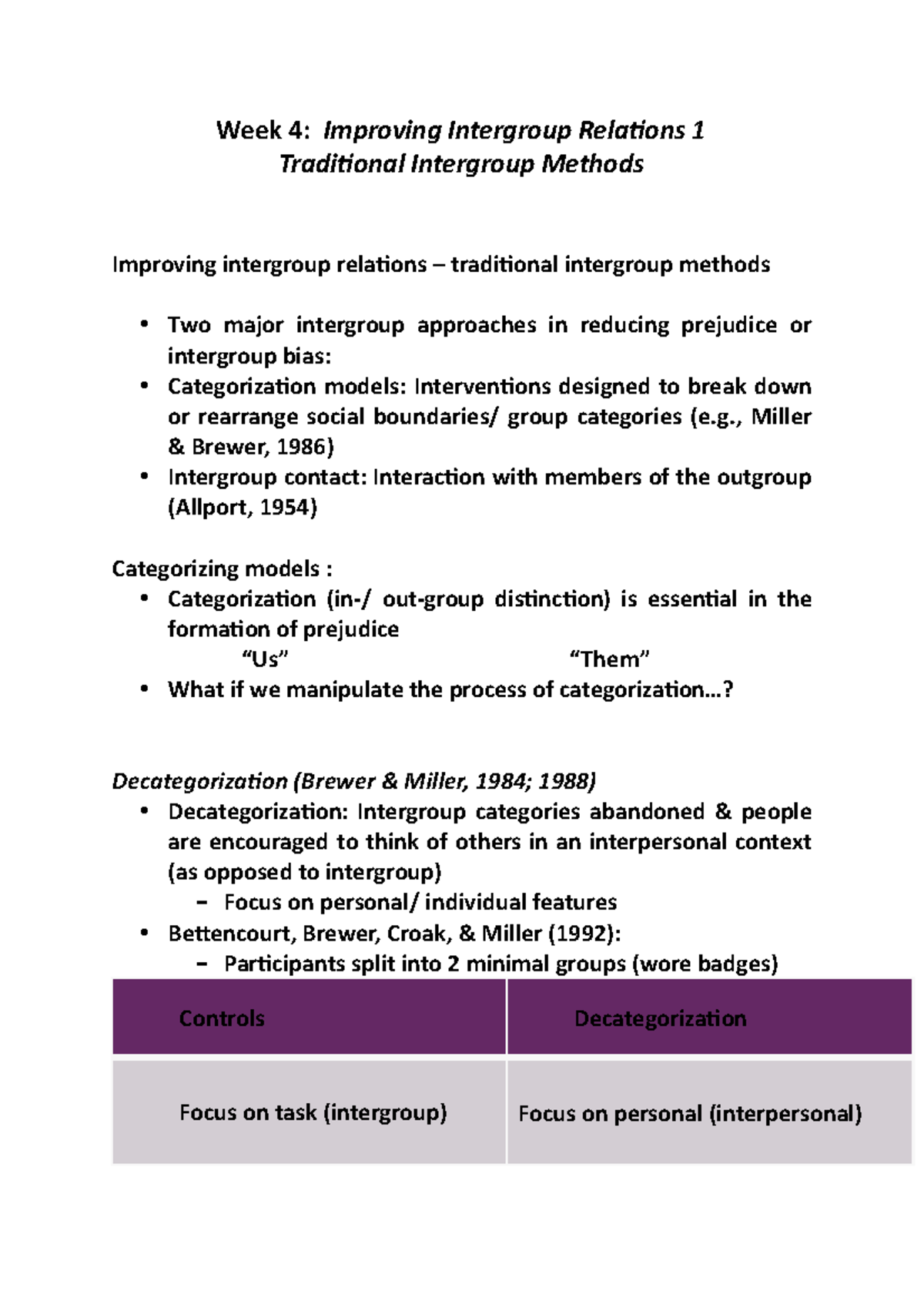 PY3TSP- W4 - Week4 lectures summaries - Week 4: Improving Intergroup Relations 1 Traditional ...