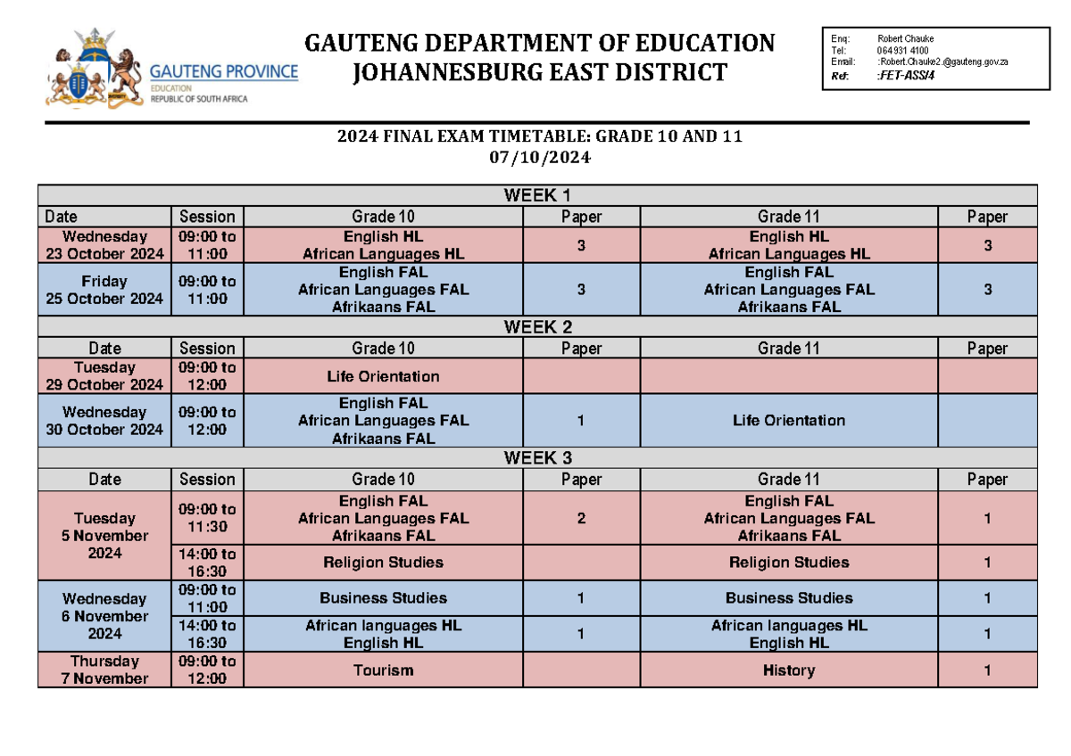 2024 Grade 10 and 11 Final Exam Timetable - GAUTENG DEPARTMENT OF ...