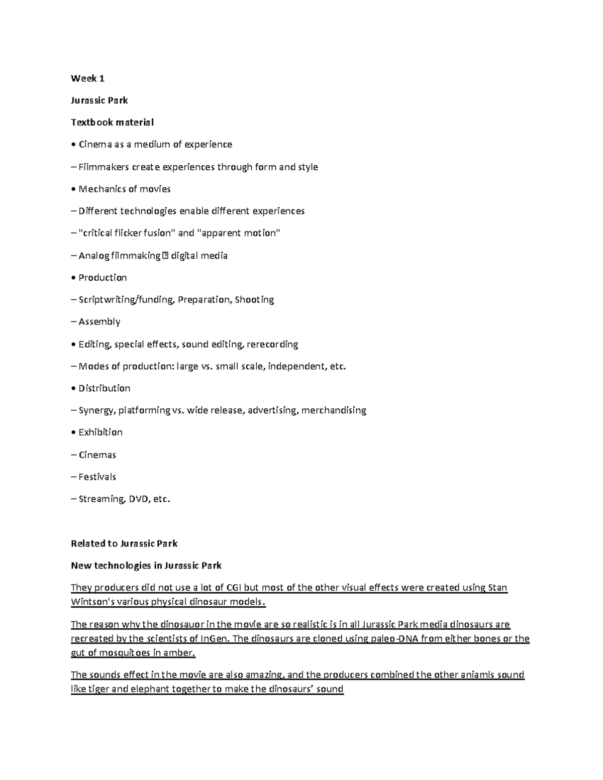 Final exam Lecture1-5 review - Week 1 Jurassic Park Textbook material ...