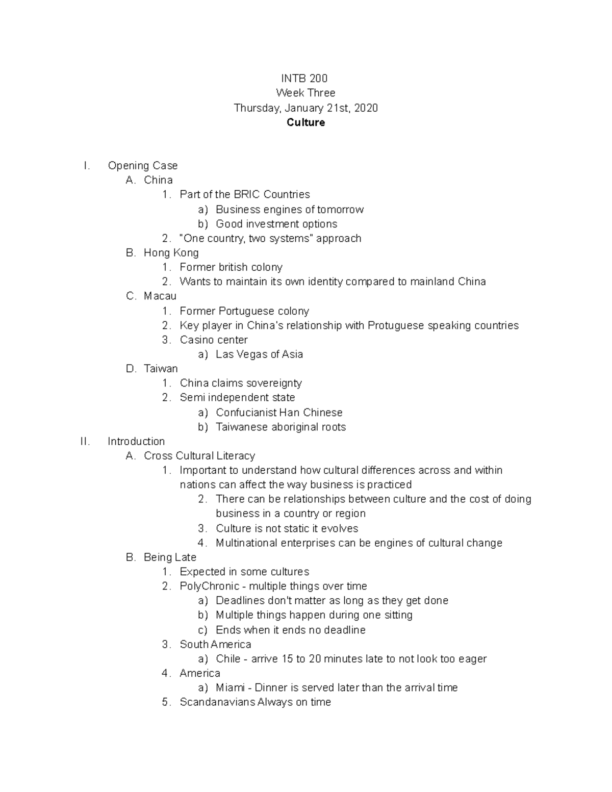 International Business Culture - INTB 200 Week Three Thursday, January ...