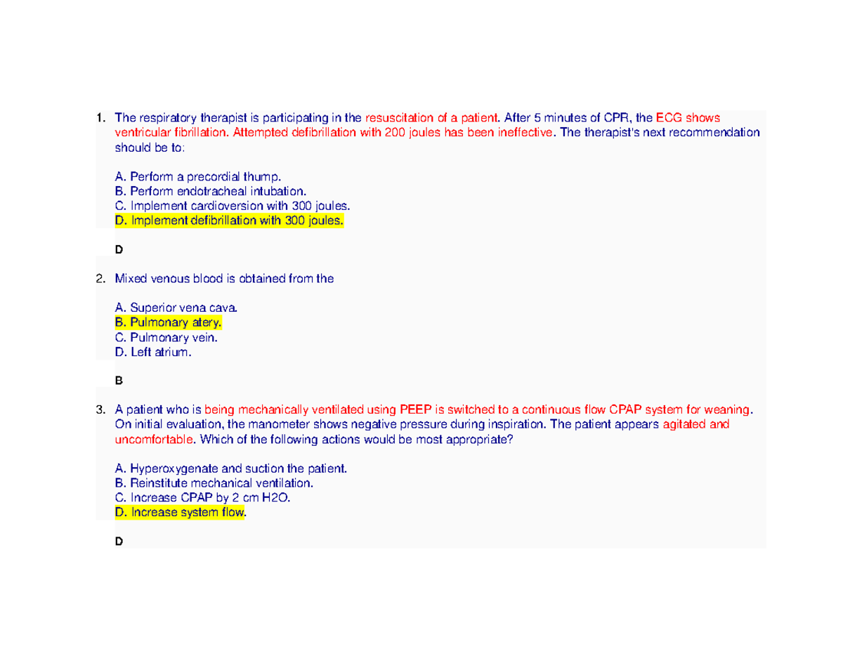 RRT exam examples part 1 - The respiratory therapist is participating ...