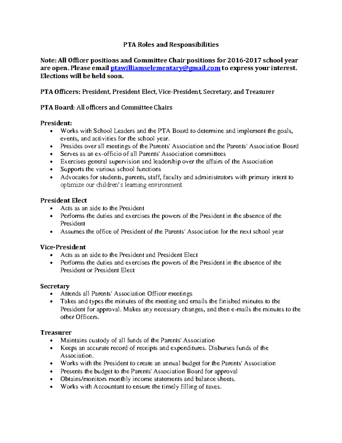 PTA Officer Roles and Responsibilities - PTA Roles and Responsibilities ...