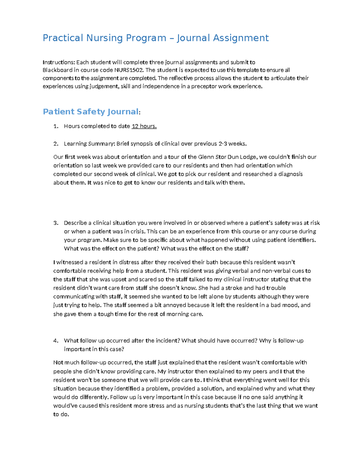 NURS1502 Patient Safety - Practical Nursing Program – Journal ...