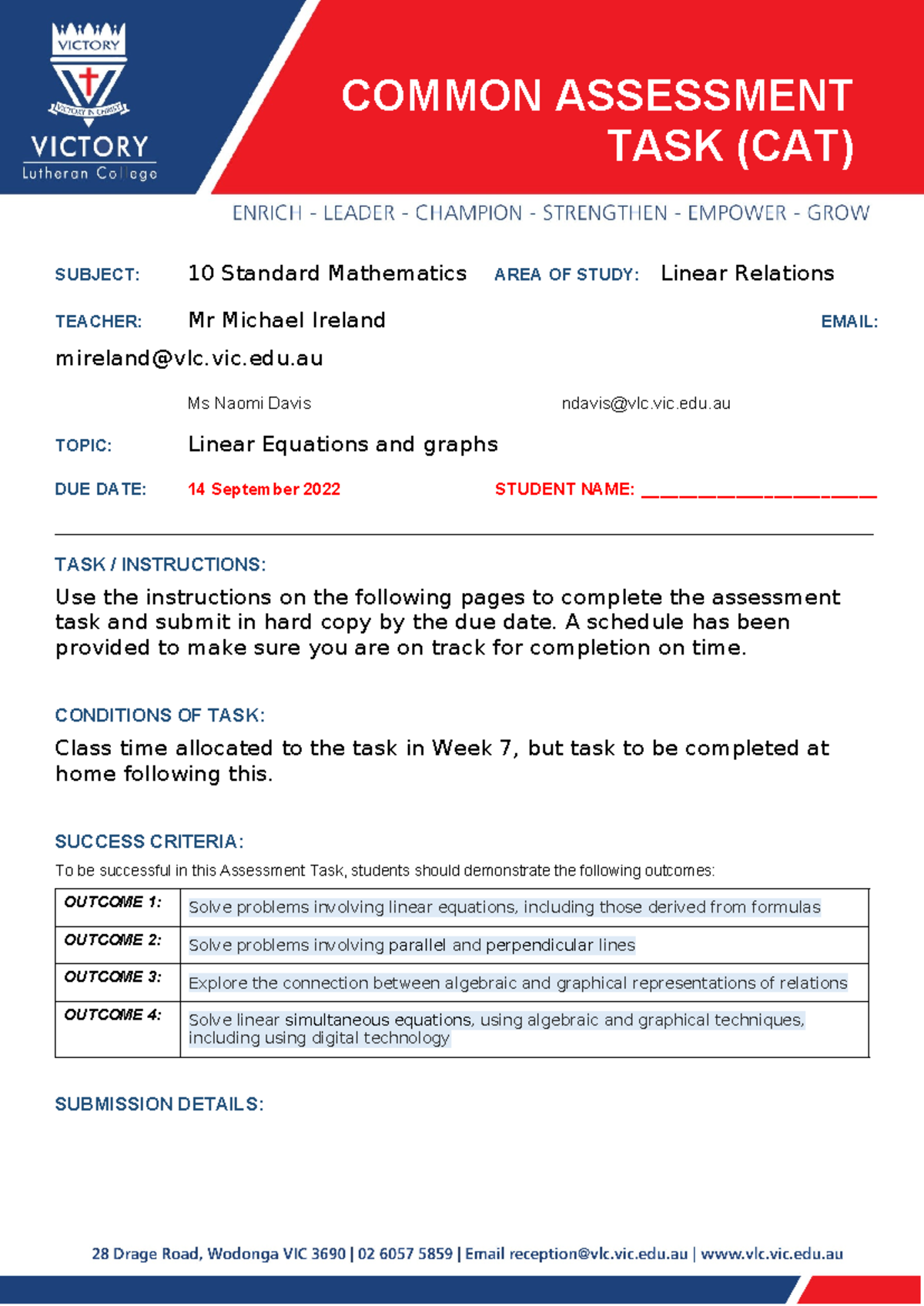 Linear Assessment Outline CAT - COMMON ASSESSMENT TASK (CAT) By ...
