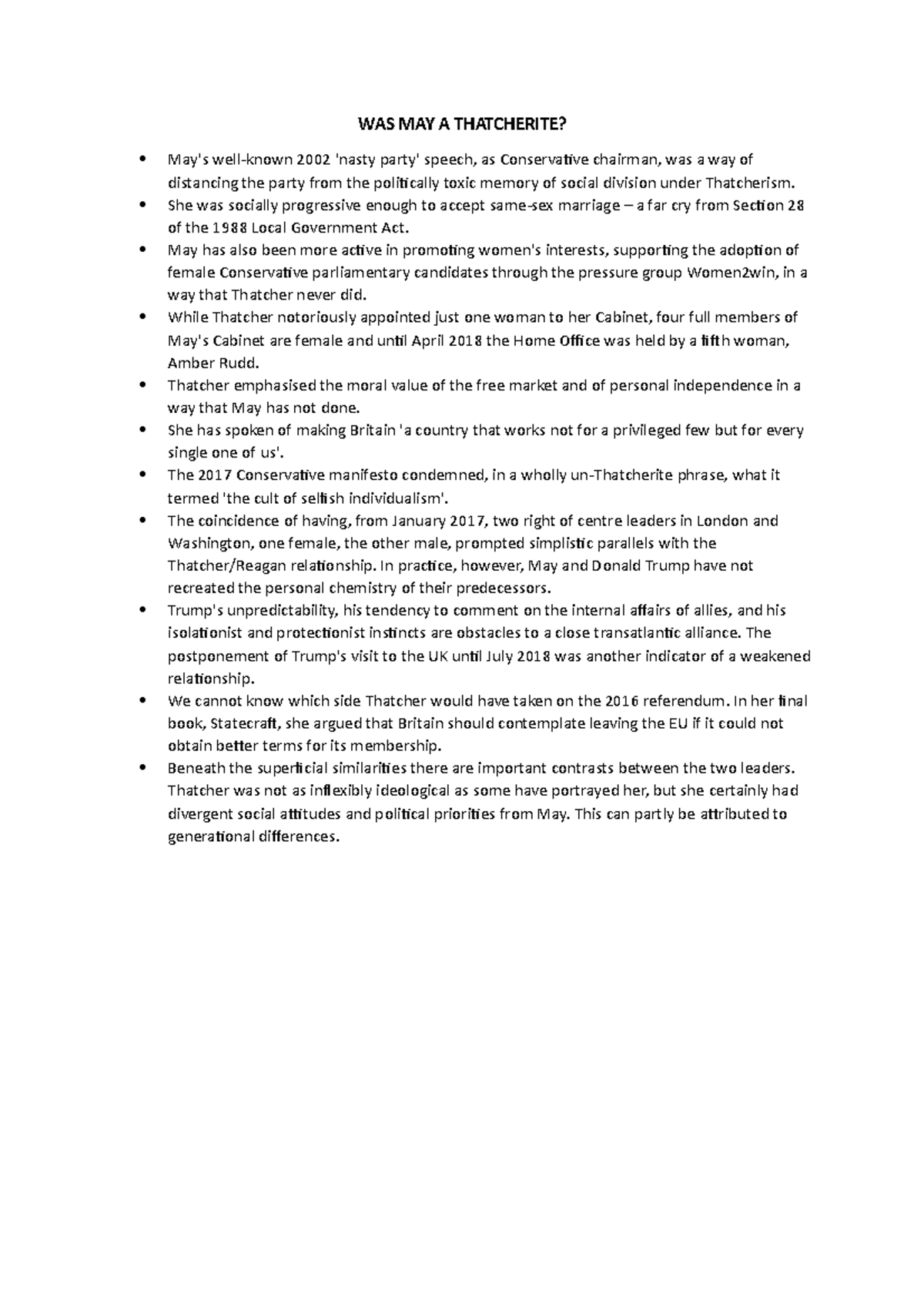 WAS MAY A Thatcherite - Notes discussing whether May was a Thatchite ...