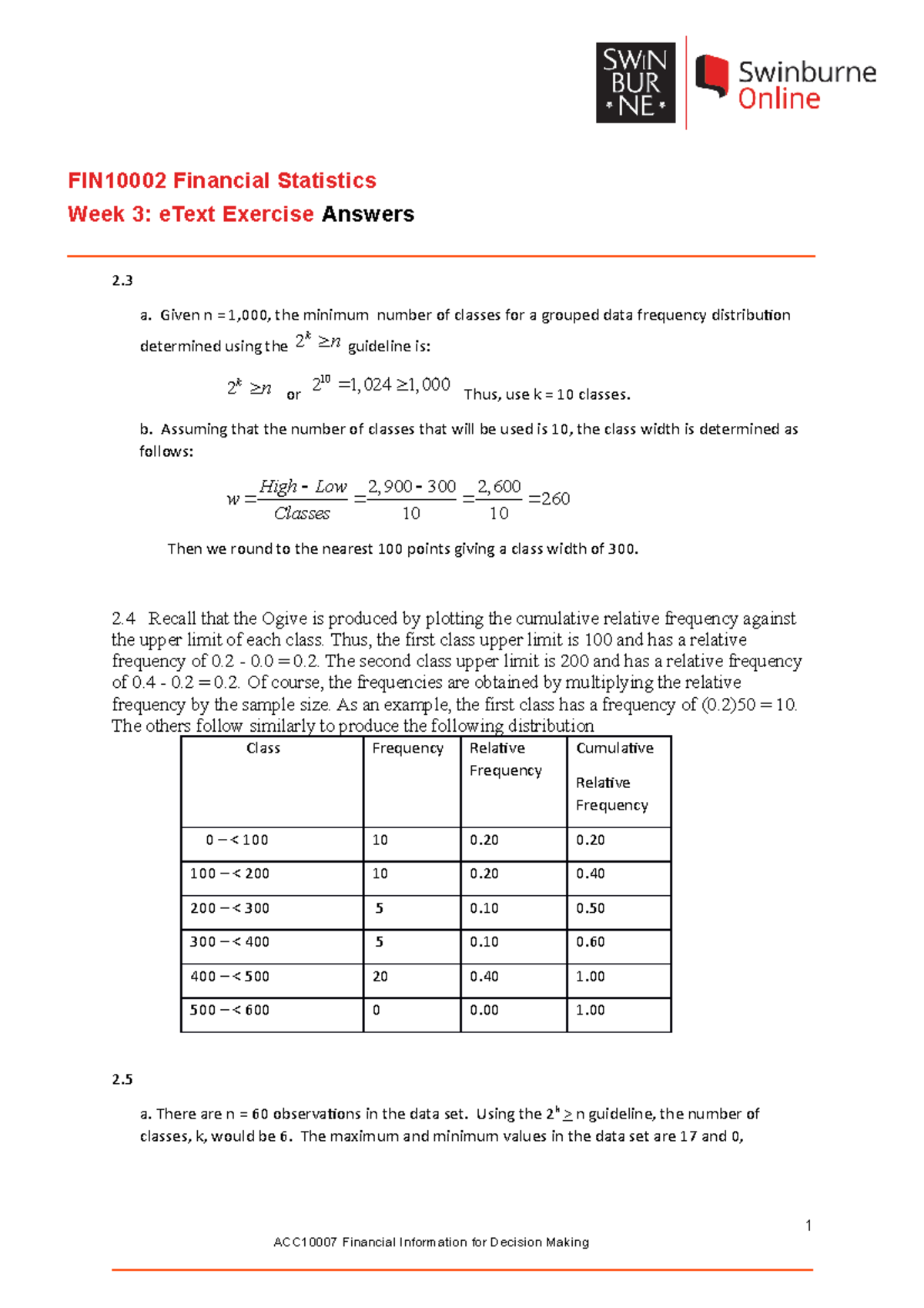FIN10002 exercise answer week3 - FIN10002 Financial Statistics Week 3 ...