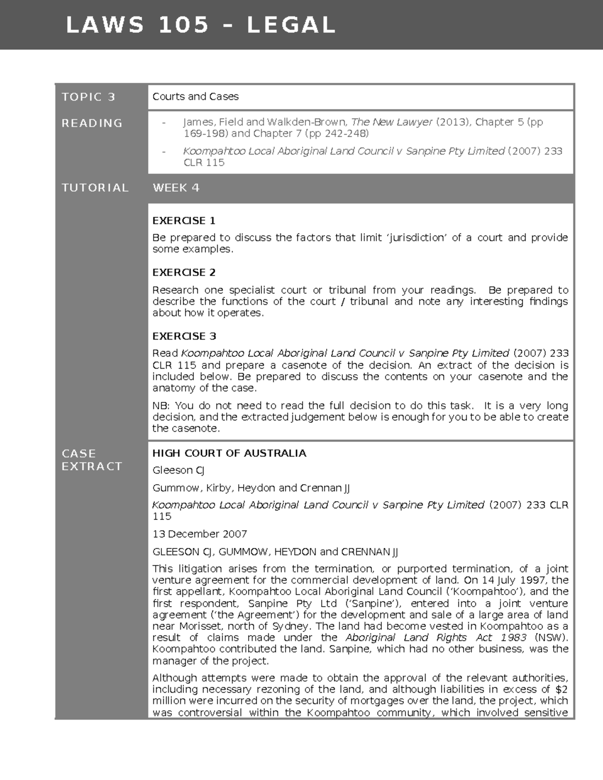 Legal Foundations A - Topic 3 - Courts and Cases Tutorial - L A W S 1 0 ...