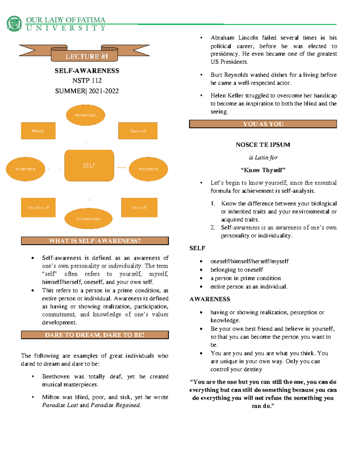 NSTP2 Lectures - Nstp - 00000 WHAT IS SELF-AWARENESS? Self-awareness is ...
