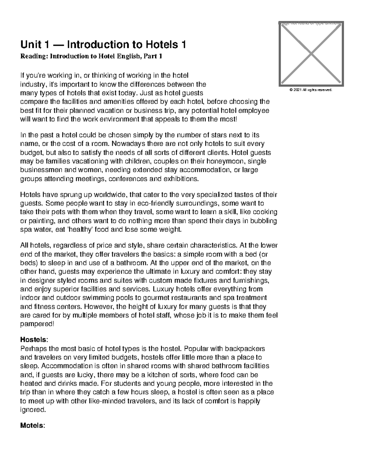 English 4Hotels — Unit 1 Introduction to Hotel English, Part 1 Reading ...