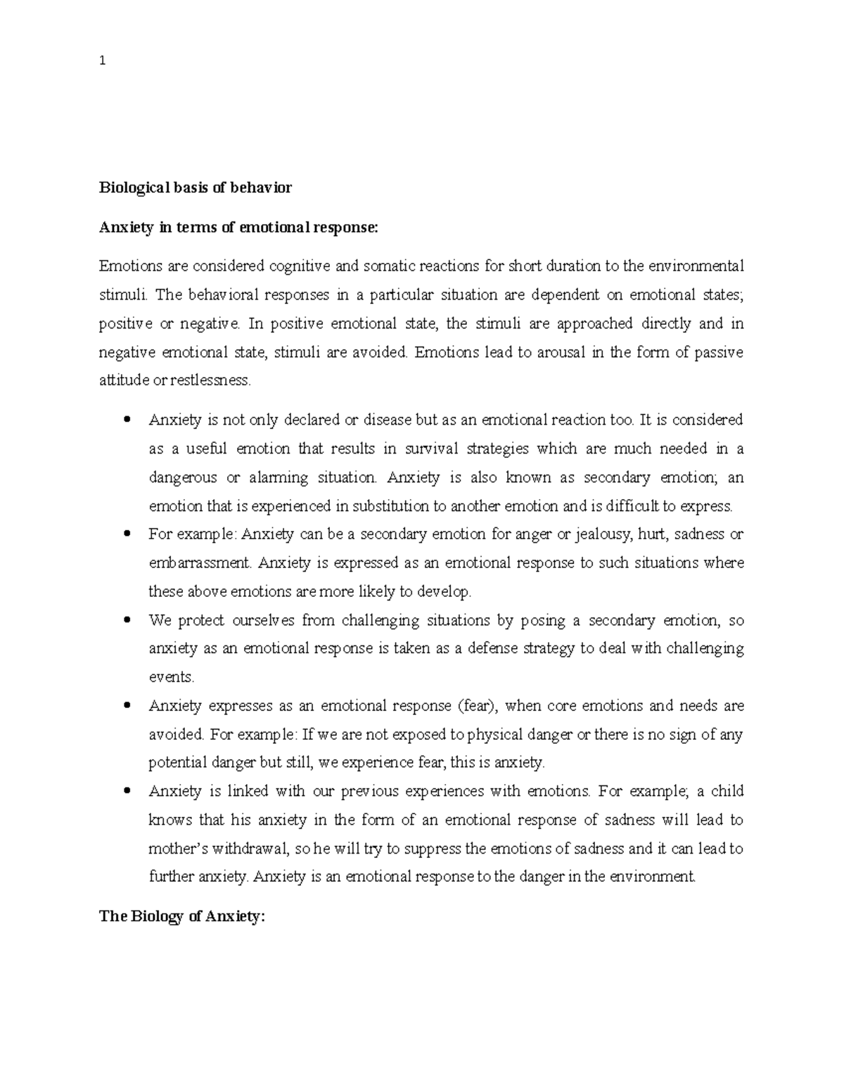 Biological Basis of Behavior 2 - Biological basis of behavior Anxiety ...