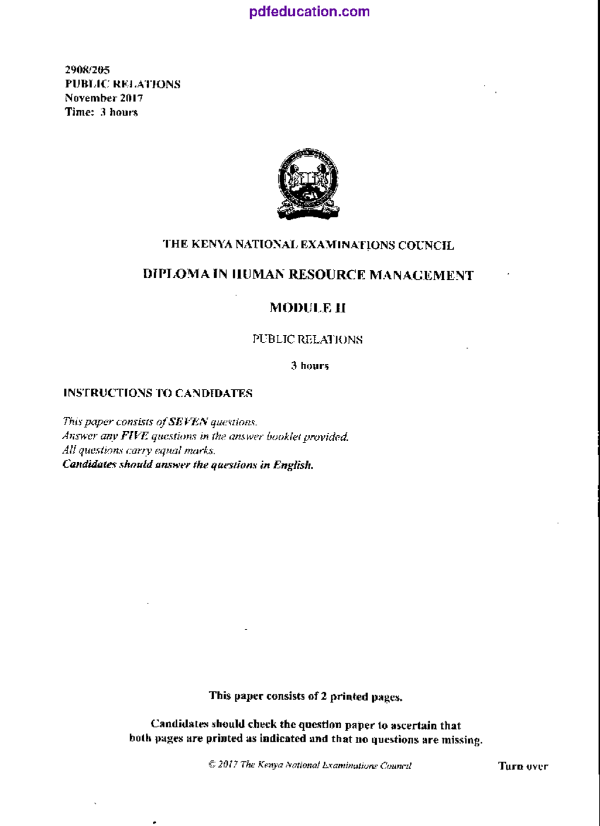 Public Relations Past KNEC Exam Papers Nov 2017 - Community Development ...